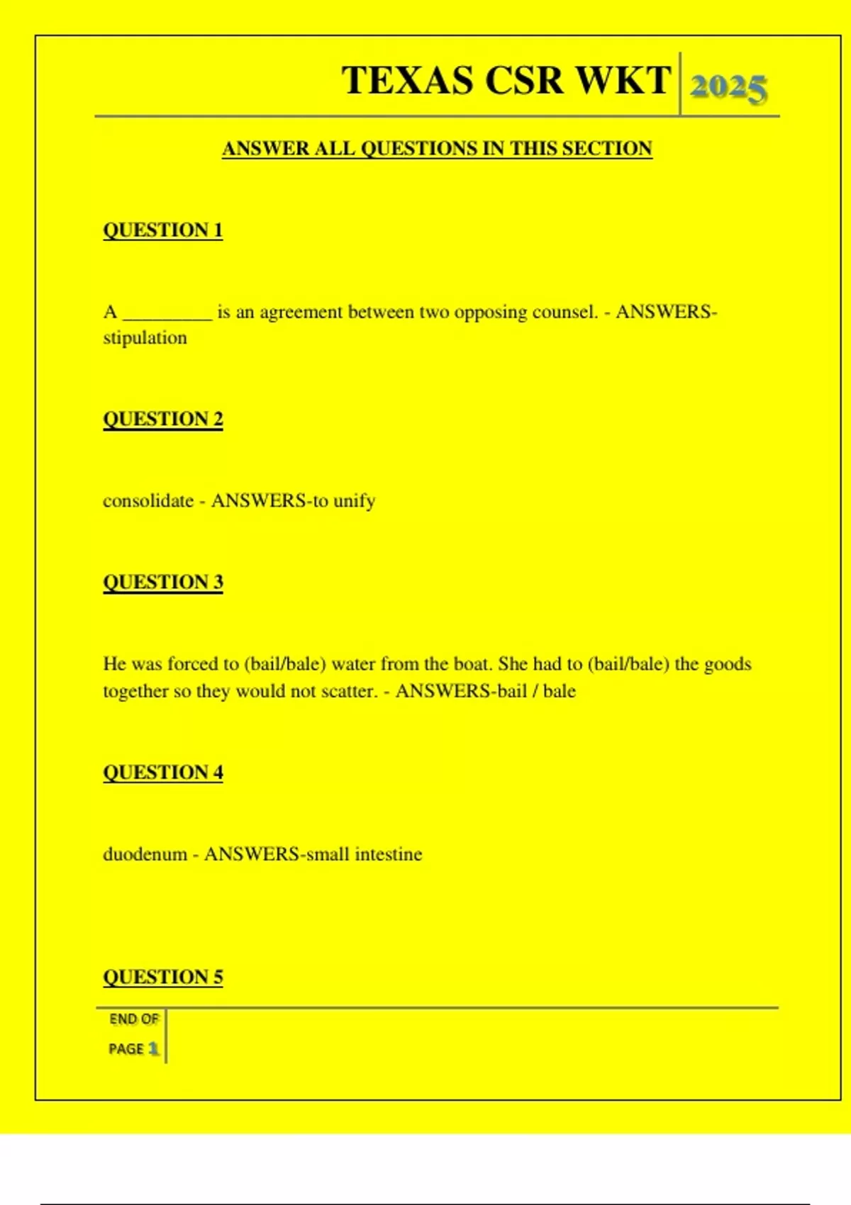 TEXAS CSR WKT QUESTIONS AND ANSWERS 2025 - TEXAS CSR WKT - Stuvia US