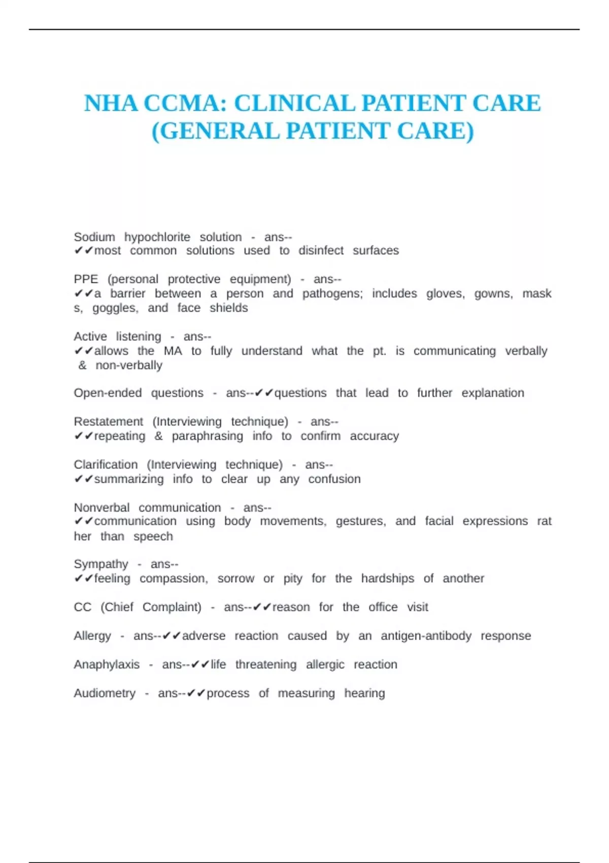 NHA CCMA: CLINICAL PATIENT CARE (GENERAL PATIENT CARE) - 2025 NHA CCMA ...