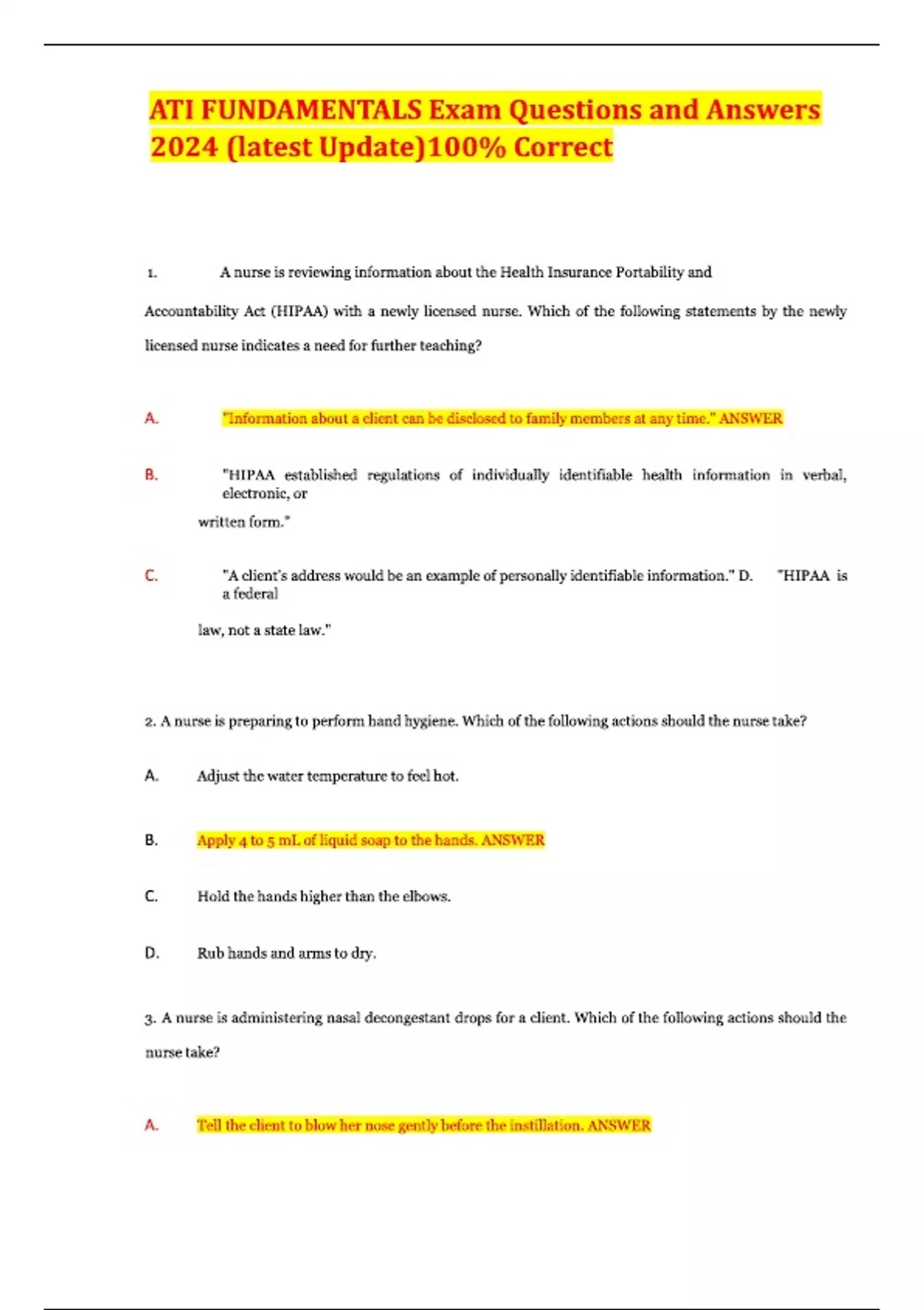 ATI FUNDAMENTALS Exam Questions and Answers 2024 (latest Update)100 ...