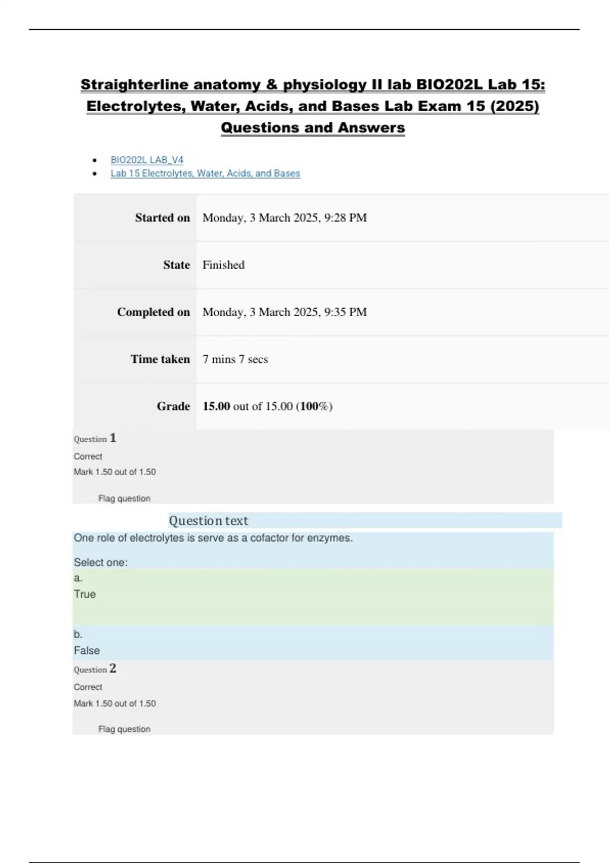 Straighterline anatomy & physiology II lab BIO202L Lab 15: Electrolytes ...