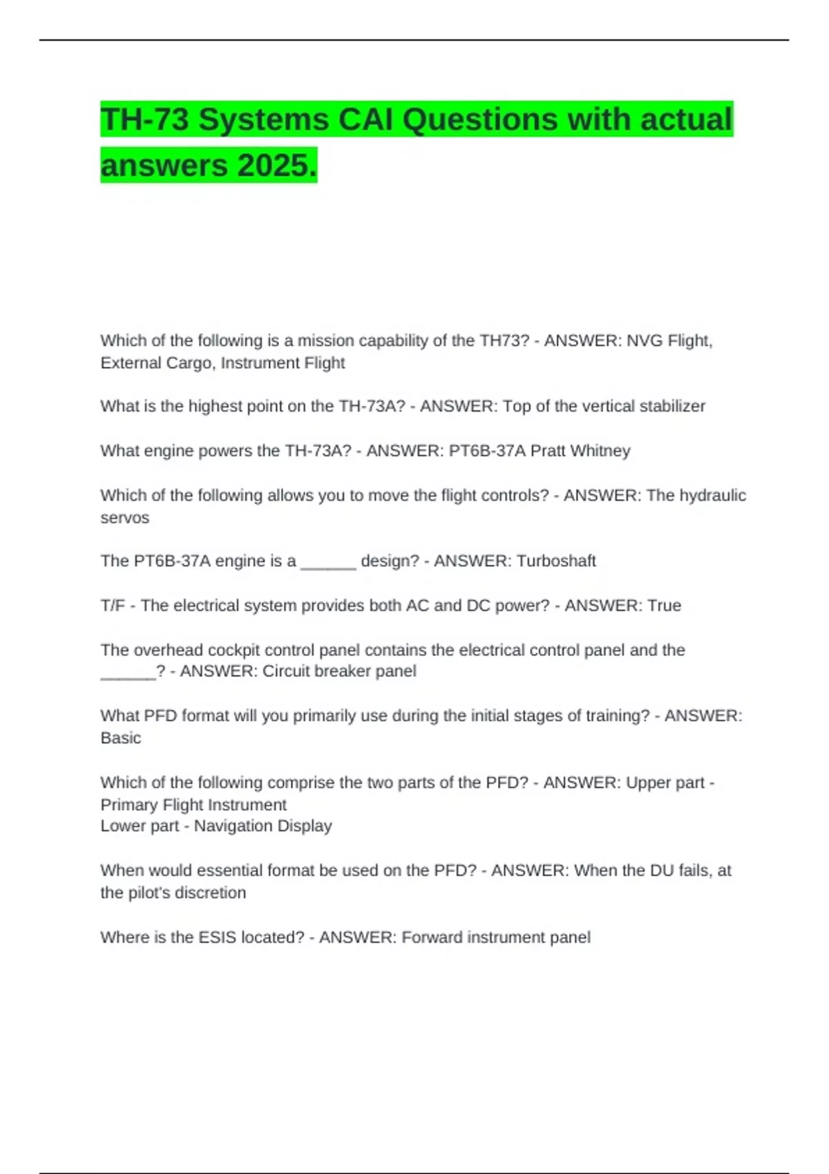 TH-73 Systems CAI Questions with actual answers 2025 - CAI - Stuvia US