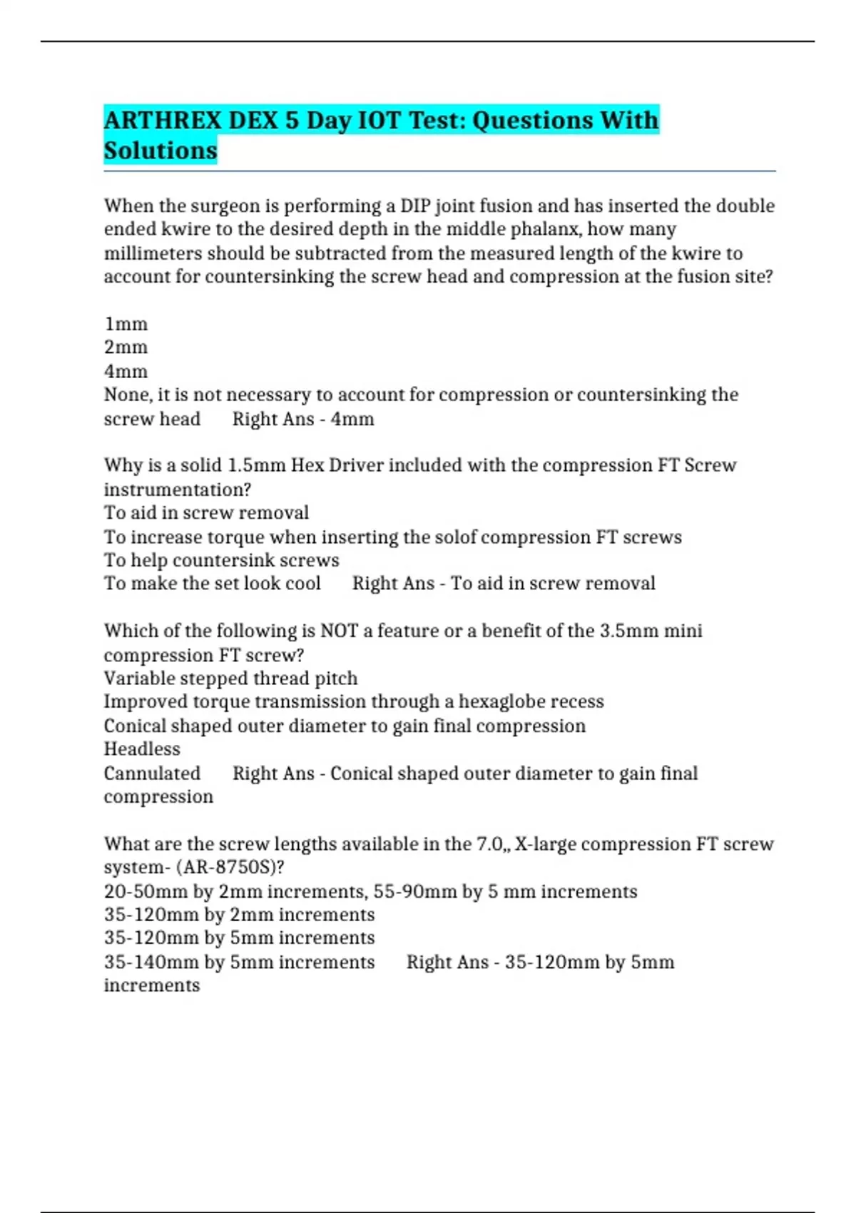 ARTHREX DEX 5 Day IOT Test: Questions With Solutions - DEX IOT - Stuvia US