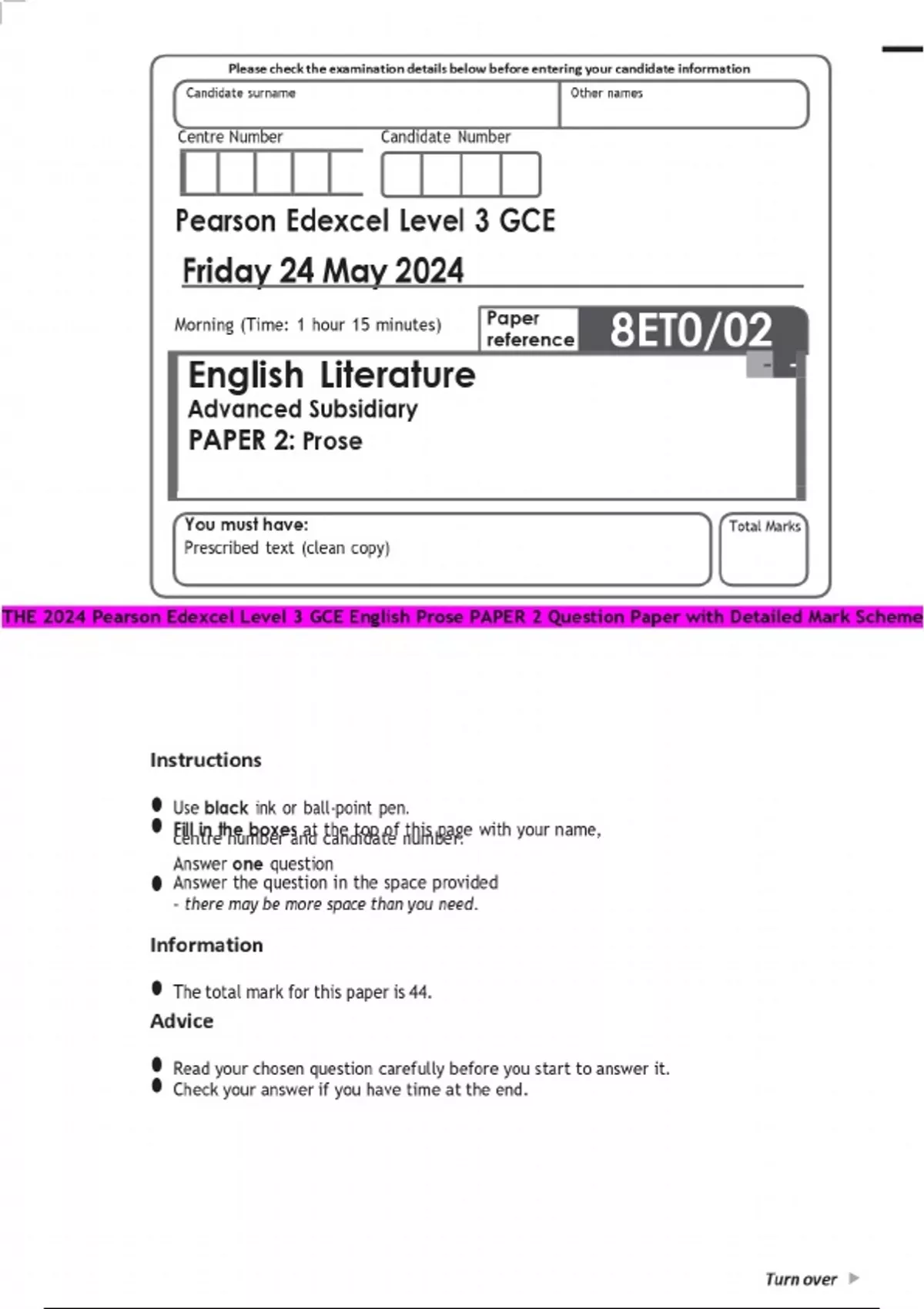 THE 2024 Pearson Edexcel Level 3 GCE English Prose PAPER 2 Question ...