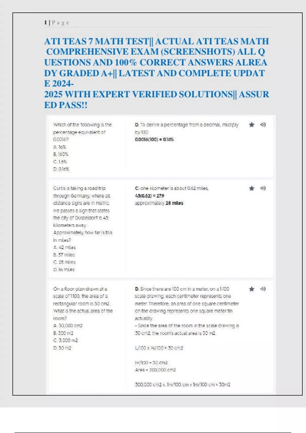 TEAS 7 Math-Questions&Answers 2022 Latest Update (made 92 on math with ...
