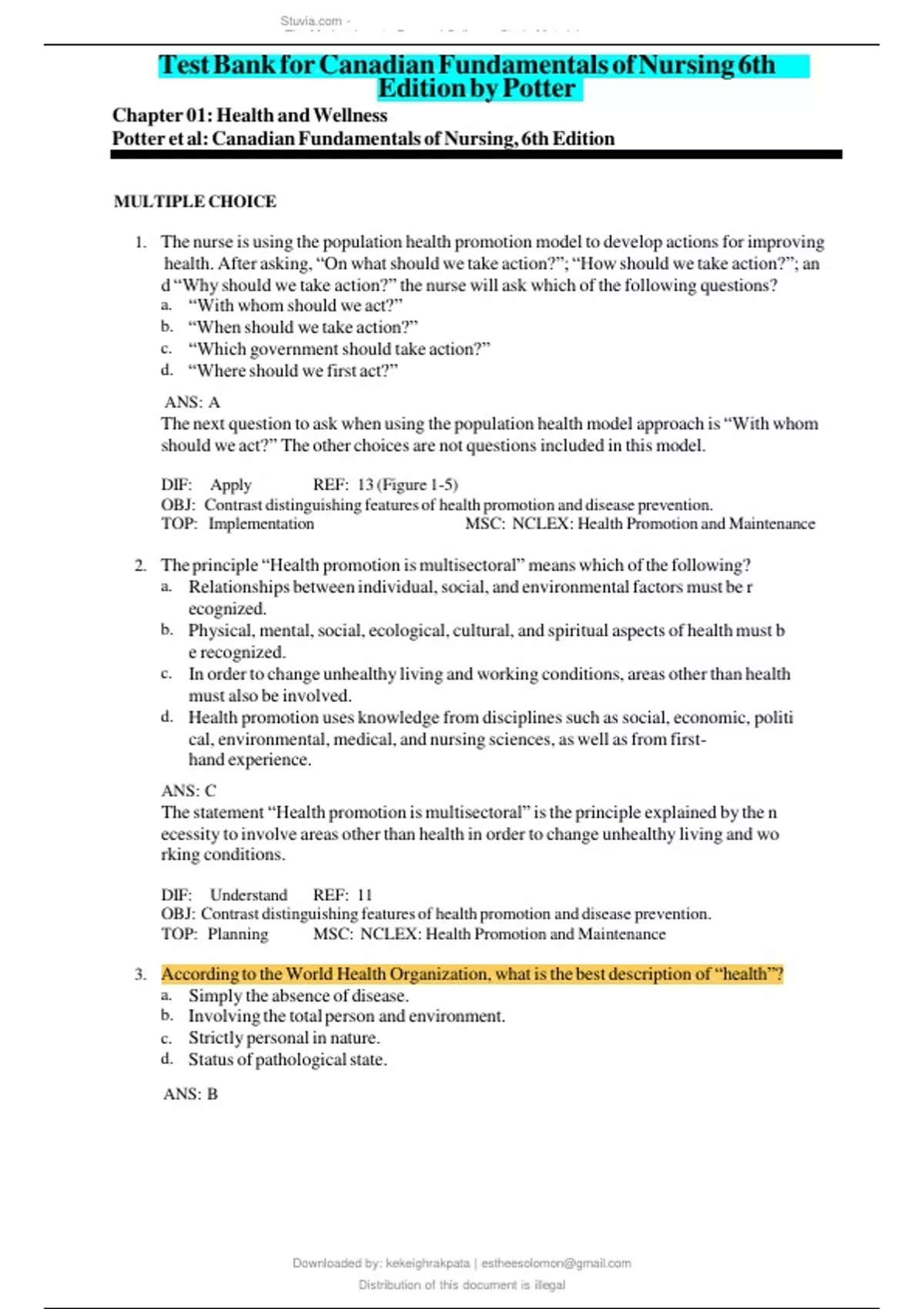 Test Bank for Canadian Fundamentals of Nursing 9th Edition By Patricia ...