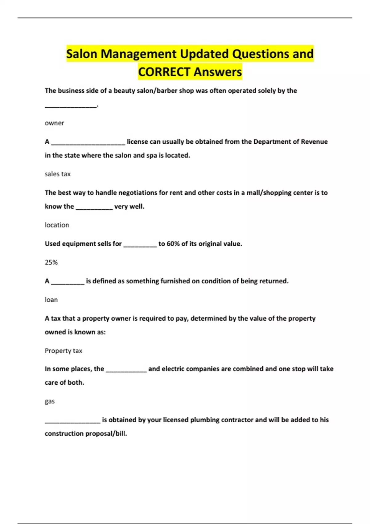 Salon Management Updated Questions and CORRECT Answers - Salon ...