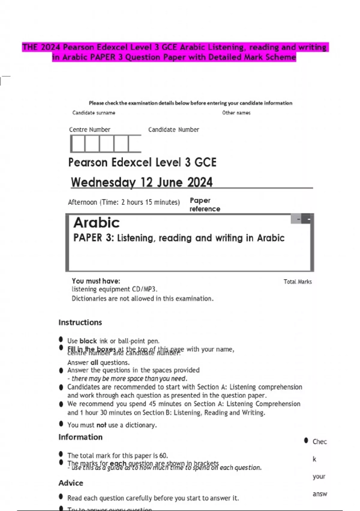 THE 2024 Pearson Edexcel Level 3 GCE Arabic Listening, reading and ...
