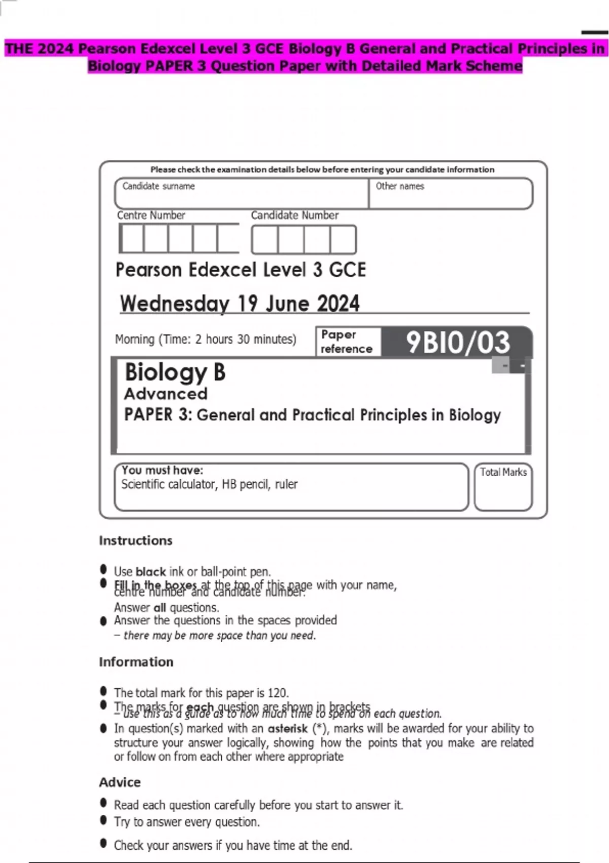 THE 2024 Pearson Edexcel Level 3 GCE Biology B General and Practical ...