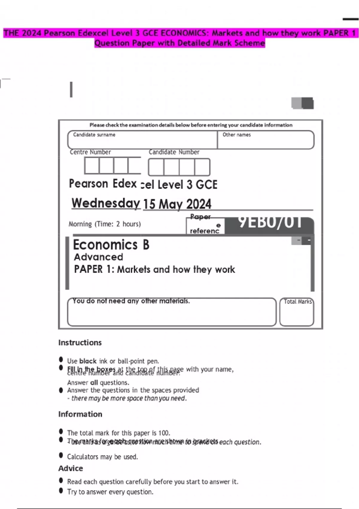 THE 2024 Pearson Edexcel Level 3 GCE ECONOMICS: Markets and how they ...