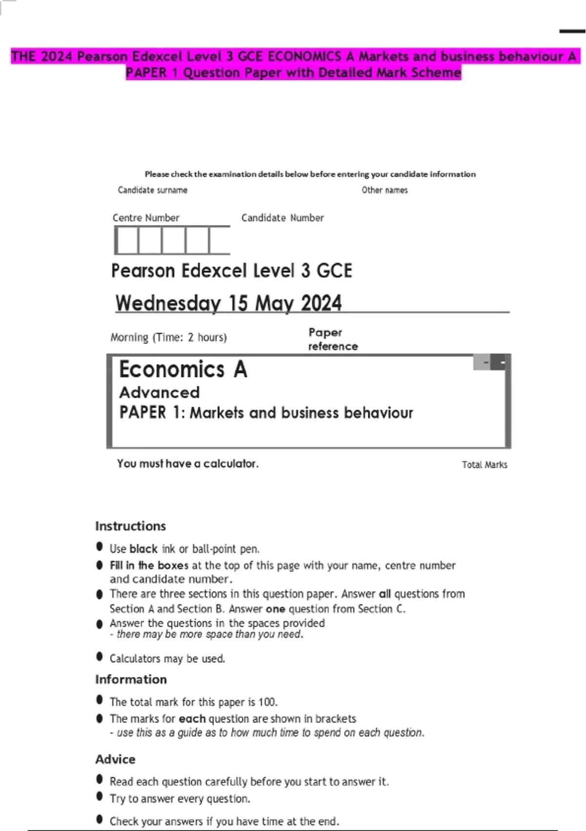 THE 2024 Pearson Edexcel Level 3 GCE ECONOMICS A Markets and business behaviour A PAPER 1 ...