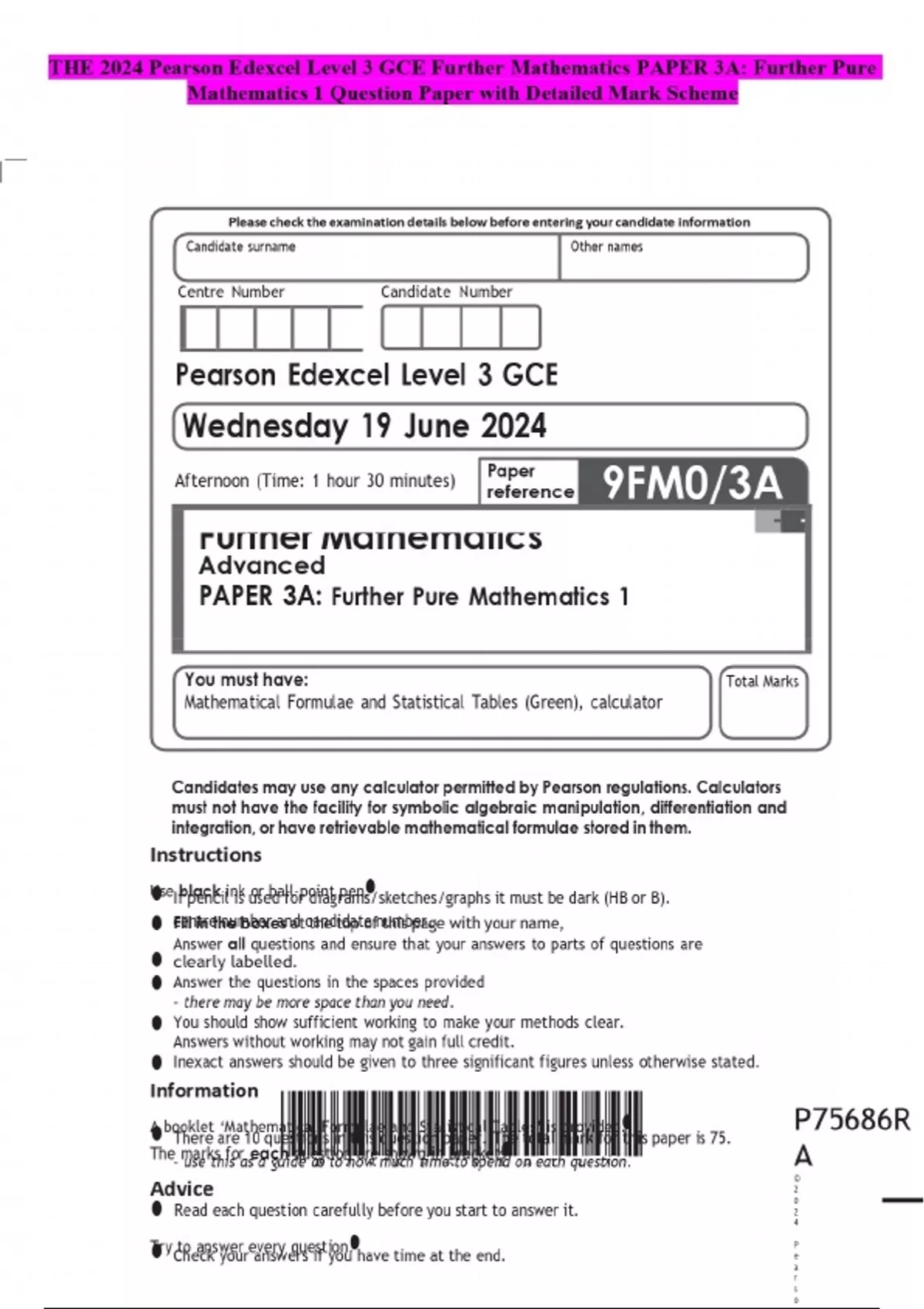 THE 2024 Pearson Edexcel Level 3 GCE Further Mathematics PAPER 3A ...