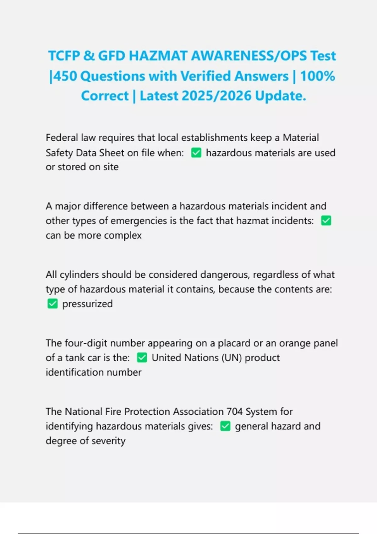 TCFP & GFD HAZMAT AWARENESS/OPS Test |450 Questions with Verified ...