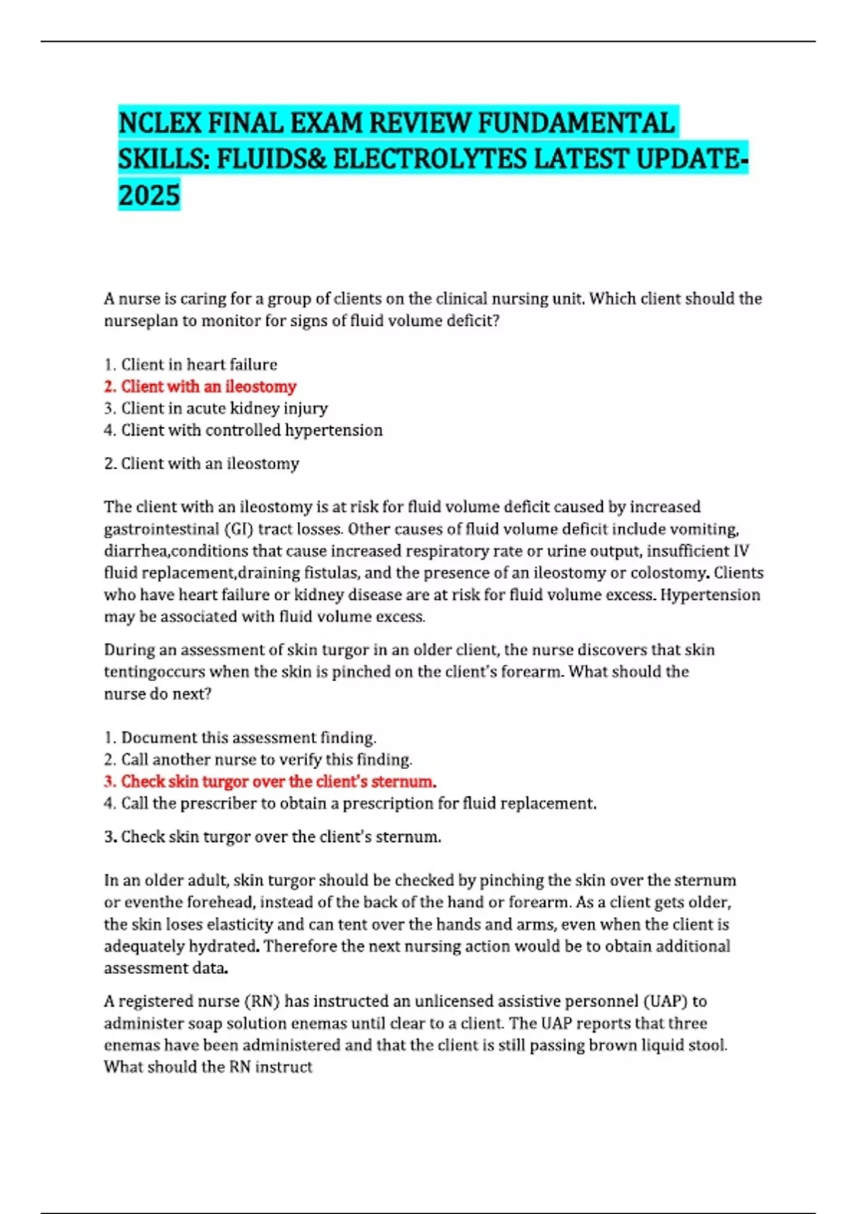 NCLEX FINAL EXAM REVIEW FUNDAMENTAL SKILLS: FLUIDS & ELECTROLYTES ...
