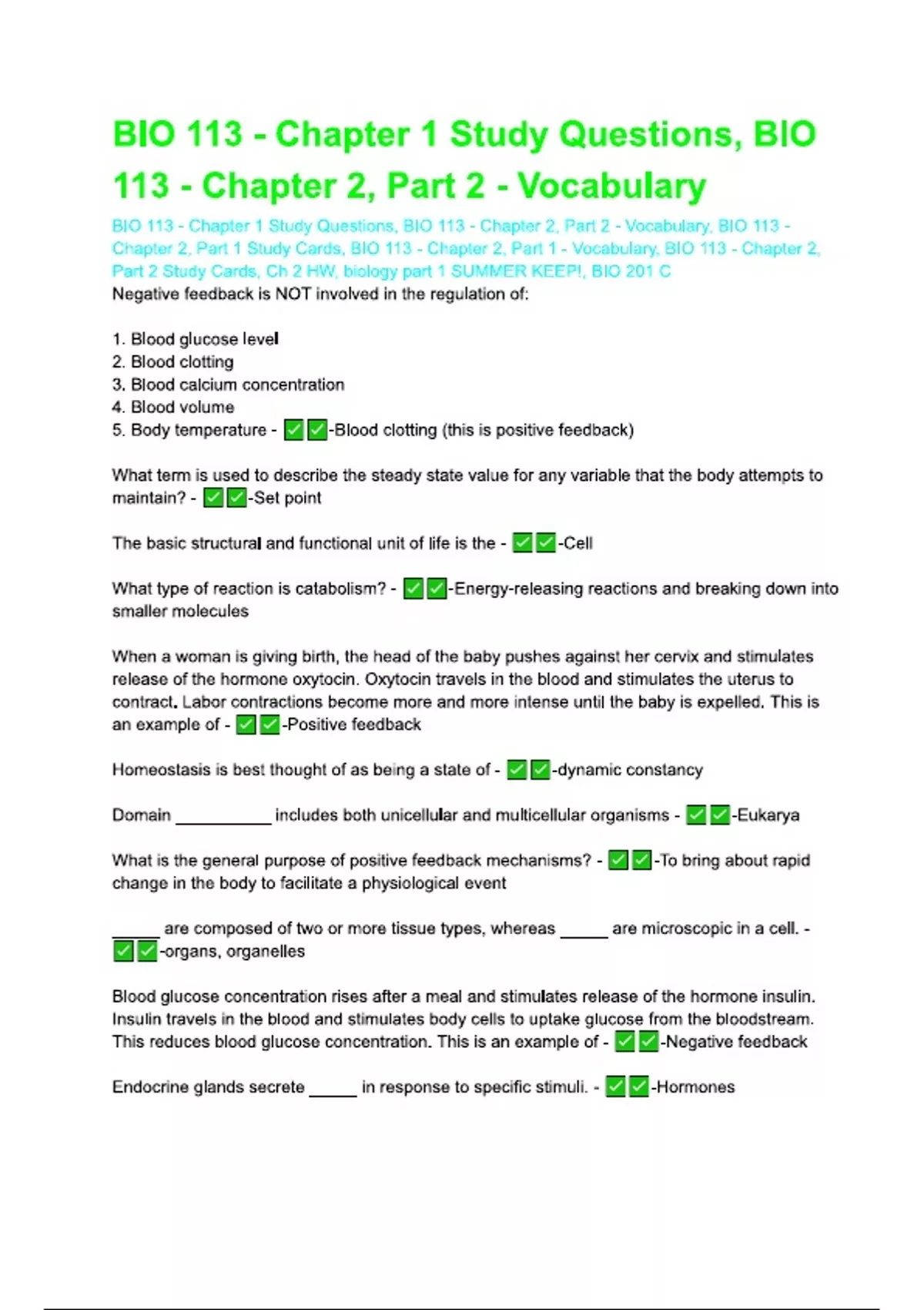 BIO 113 - Chapter 1 Study Questions, BIO 113 - Chapter 2, Part 2 - Vocabulary, BIO 113 - Chapter ...