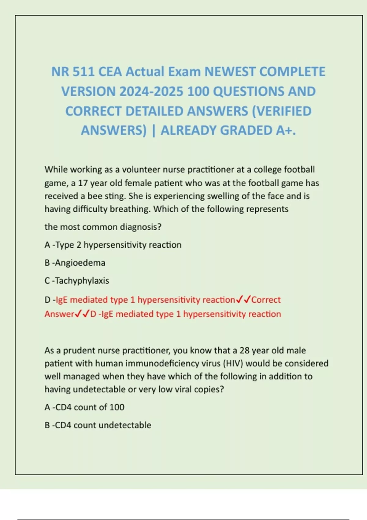 NR 511 CEA Actual Exam NEWEST COMPLETE VERSION QUESTIONS AND CORRECT ...