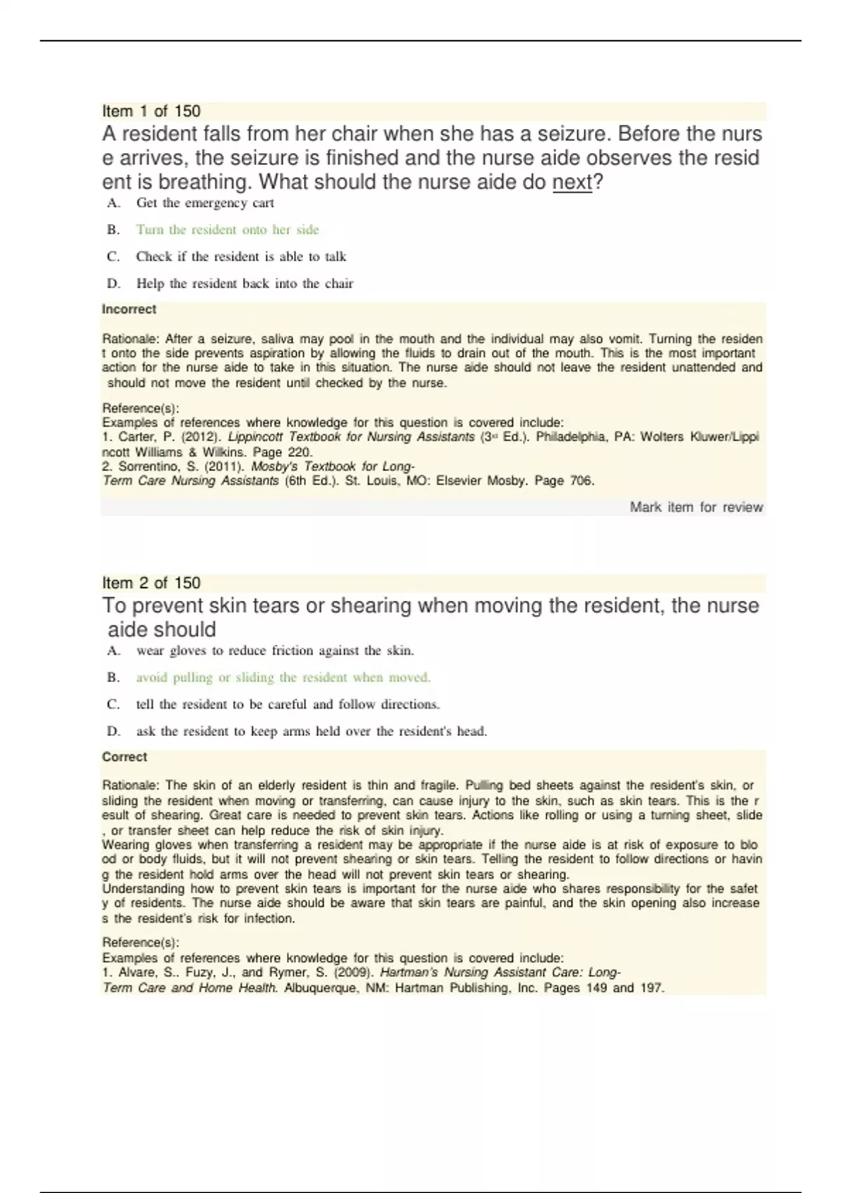 Test Bank for Hartman's Nursing Assistant Care The Basics, 5th Edition ...