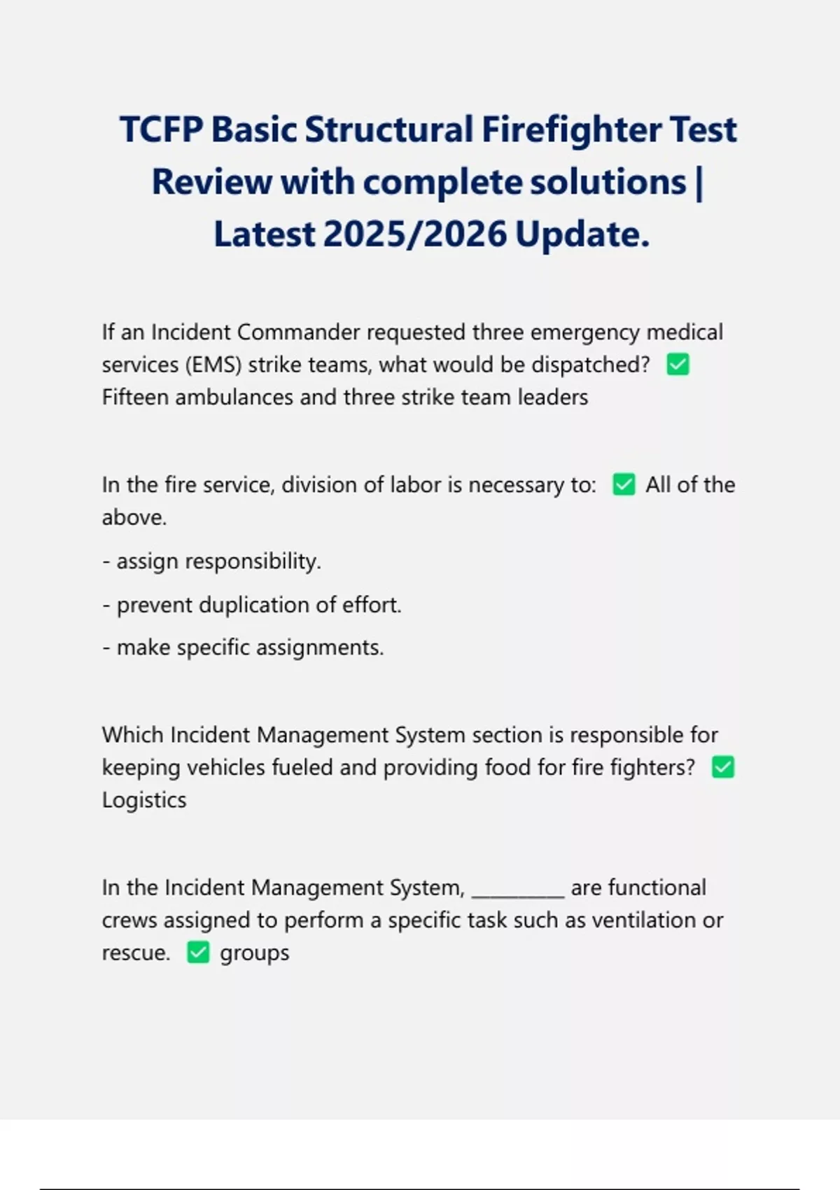 TCFP Basic Structural Firefighter Test Review with complete solutions ...