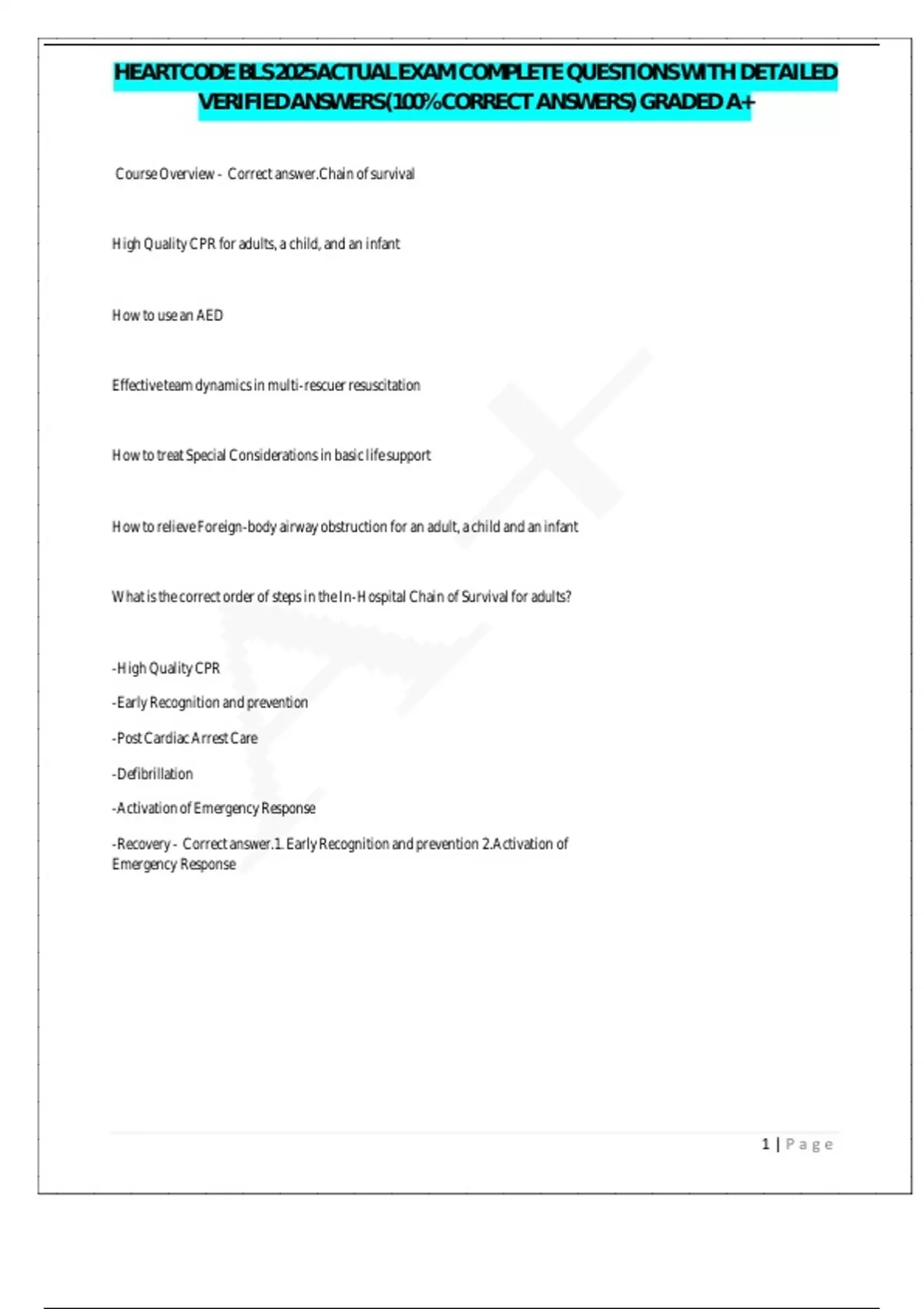 HEARTCODE BLS 2025 ACTUAL EXAM COMPLETE QUESTIONS WITH DETAILED ...