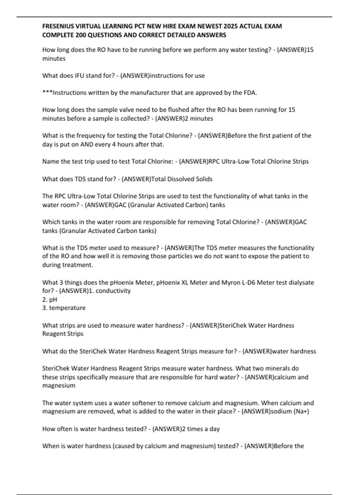 FRESENIUS VIRTUAL LEARNING PCT NEW HIRE EXAM NEWEST 2025 ACTUAL EXAM ...