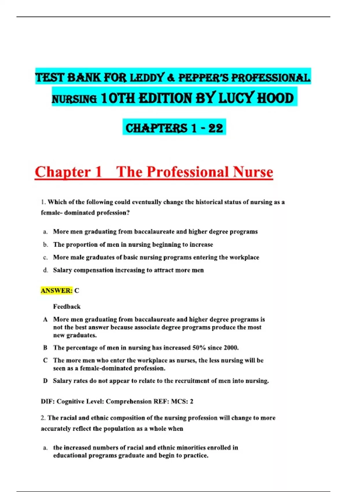 Test Bank for Leddy & Peppers Professional Nursing 10th edition by Lucy ...