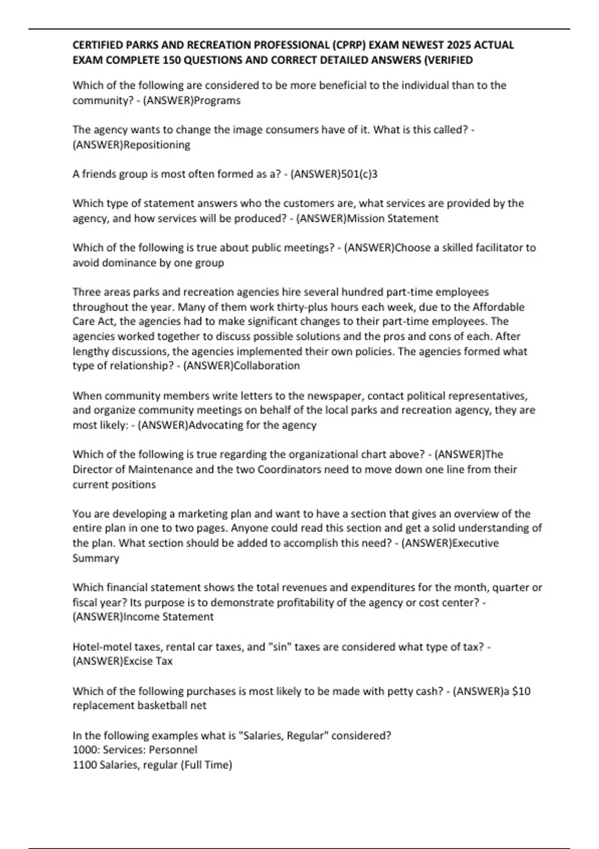 CERTIFIED PARKS AND RECREATION PROFESSIONAL (CPRP) EXAM NEWEST 2025 ...