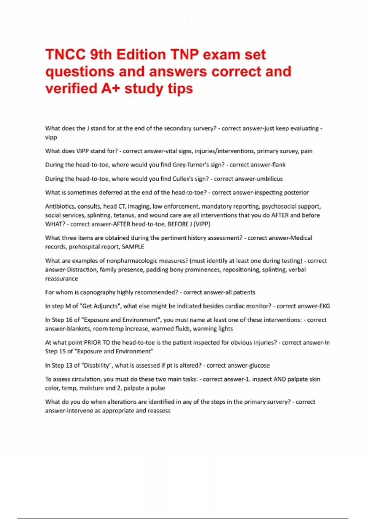 TNCC 9th Edition TNP exam set questions and answers correct and verified A+ study tips.pdf ...