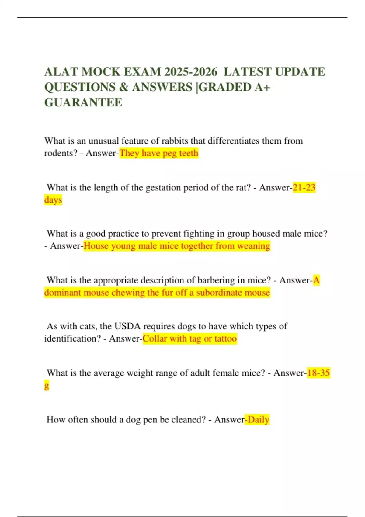 ALAT MOCK EXAM LATEST UPDATE QUESTIONS & ANSWERS |GRADED A+ GUARANTEE ...