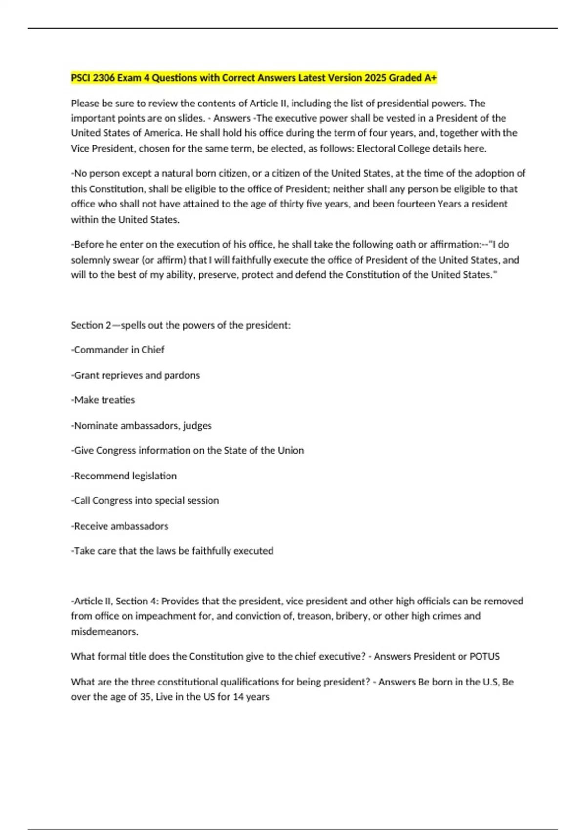 PSCI 2306 Exam 4 Questions with Correct Answers Latest Version 2025 ...