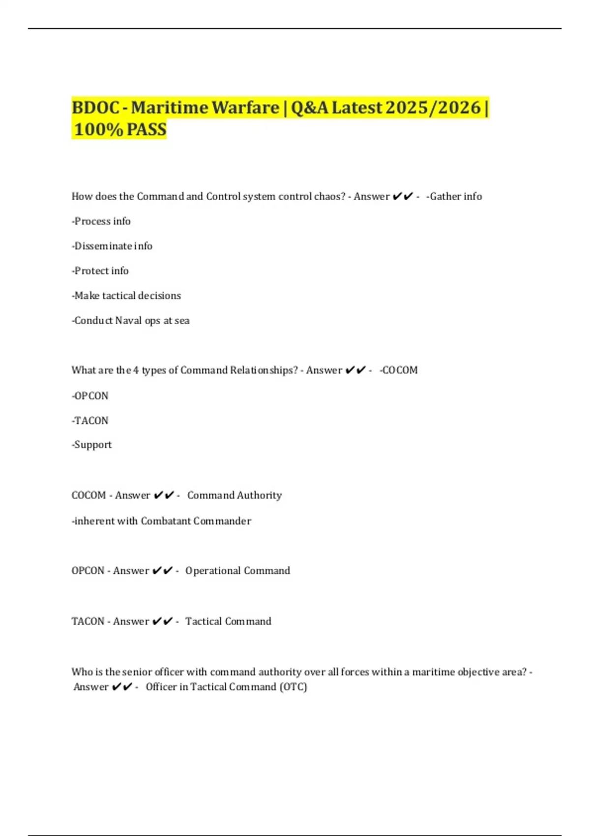 BDOC - Maritime Warfare | Q&A Latest 2025/2026 | 100% PASS - Maritime ...