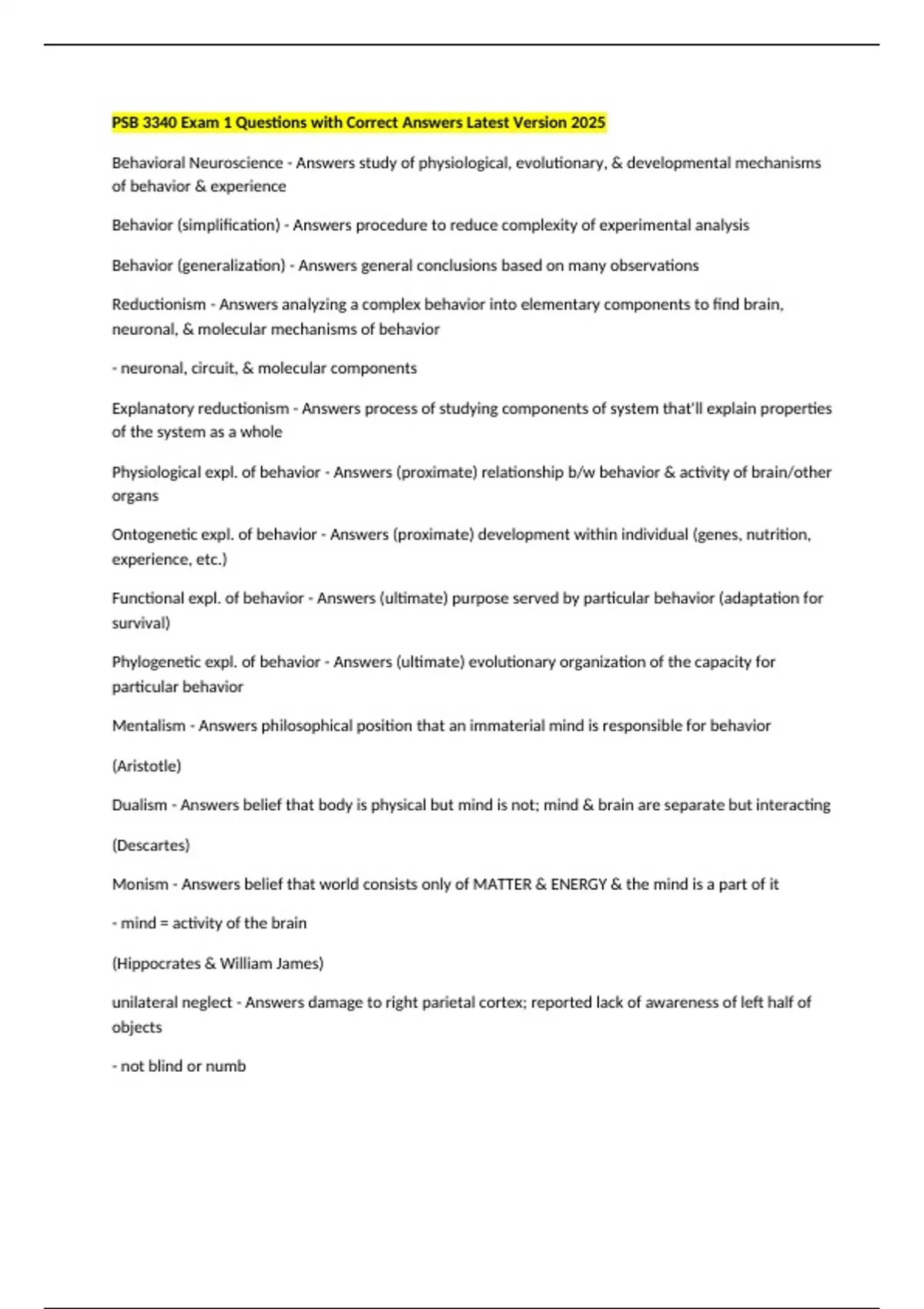 PSB 3340 Exam 1 Questions with Correct Answers Latest Version 2025 ...