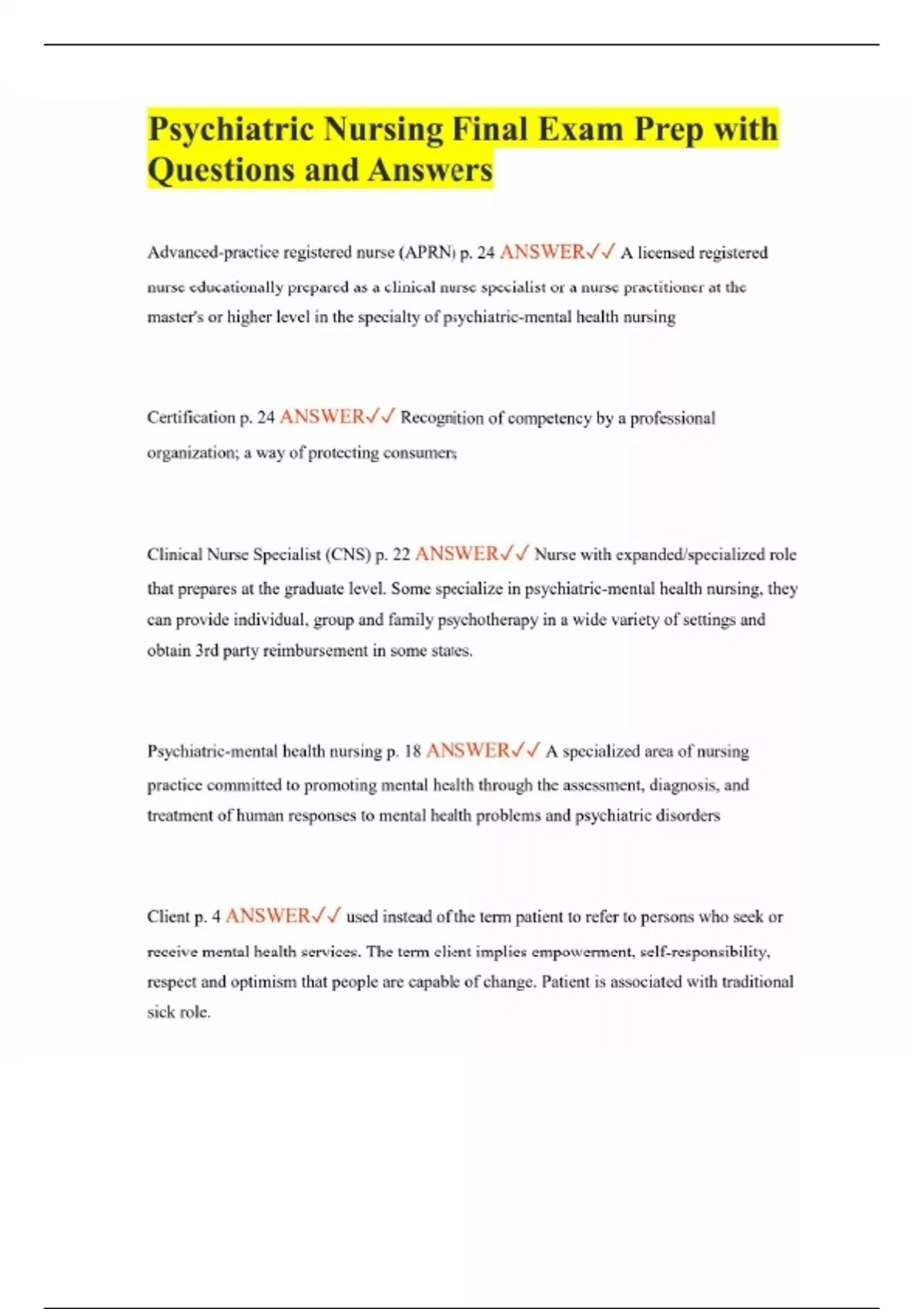 Psychiatric Nursing Final Exam Prep with Questions and Answers ...