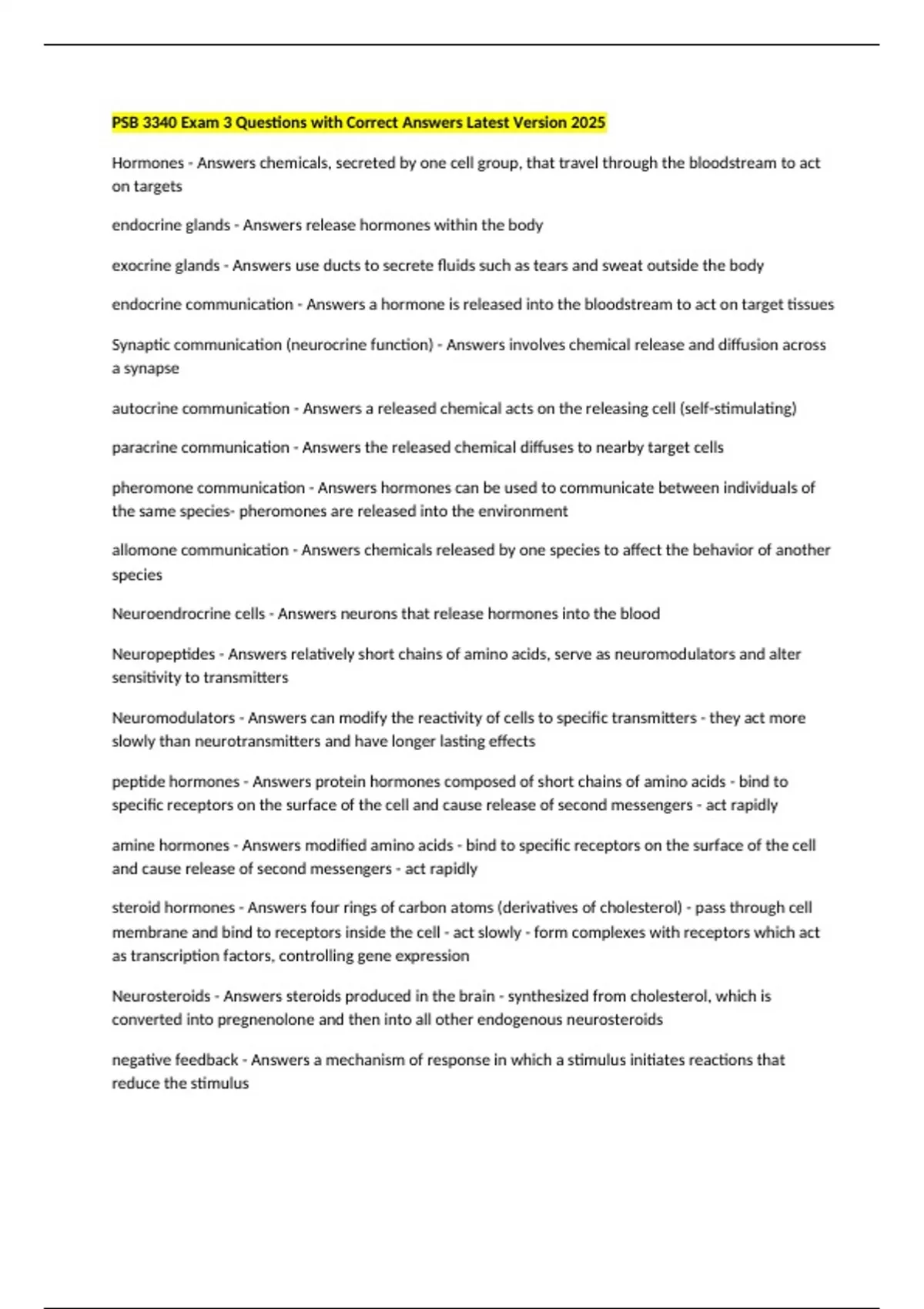 PSB 3340 Exam 3 Questions with Correct Answers Latest Version 2025 ...