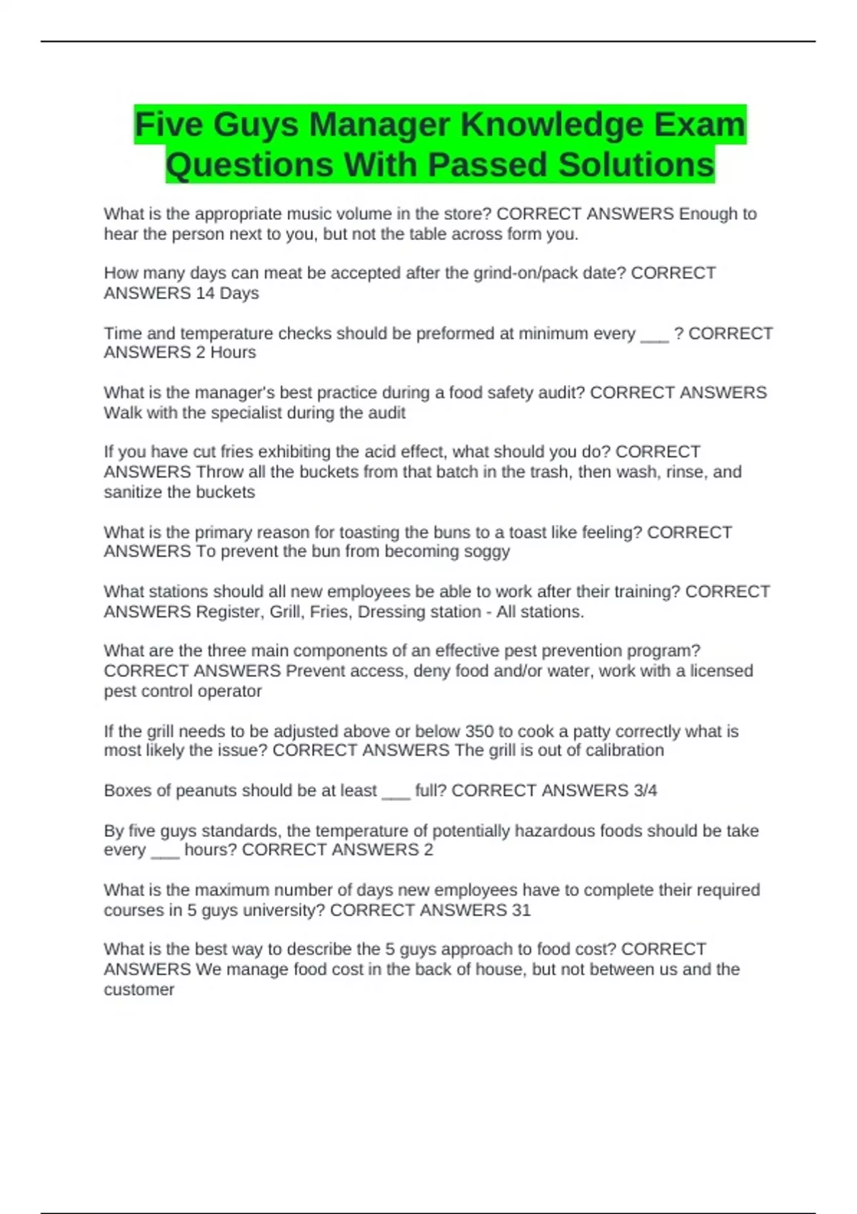 Five Guys Manager Knowledge Exam Questions With Passed Solutions - FGU ...