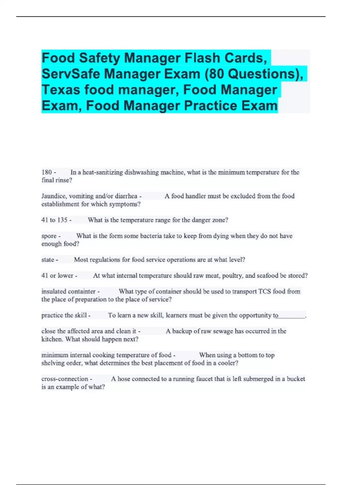 Food Safety Manager Flash Cards, ServSafe Manager Exam (80 Questions ...