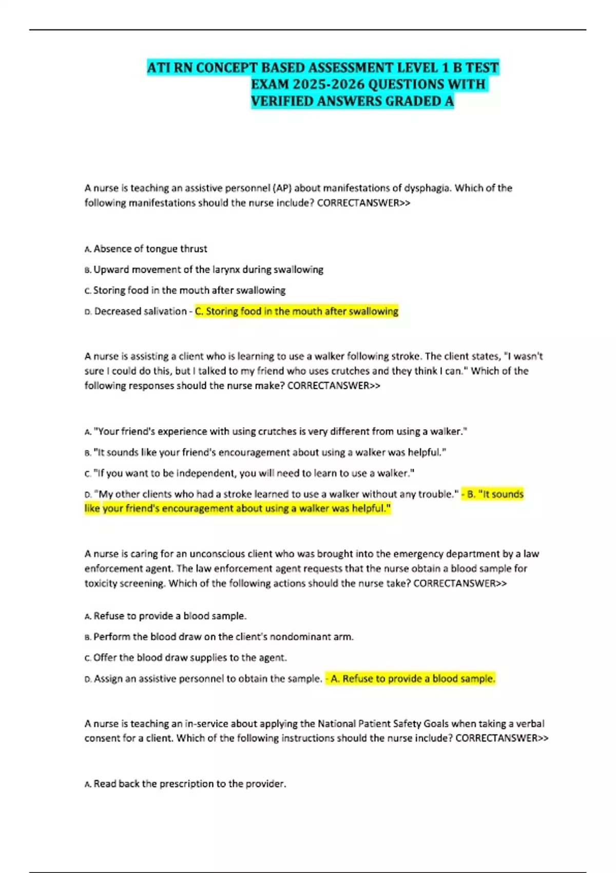 ATI RN CONCEPT BASED ASSESSMENT LEVEL 1 B TEST EXAM QUESTIONS WITH ...