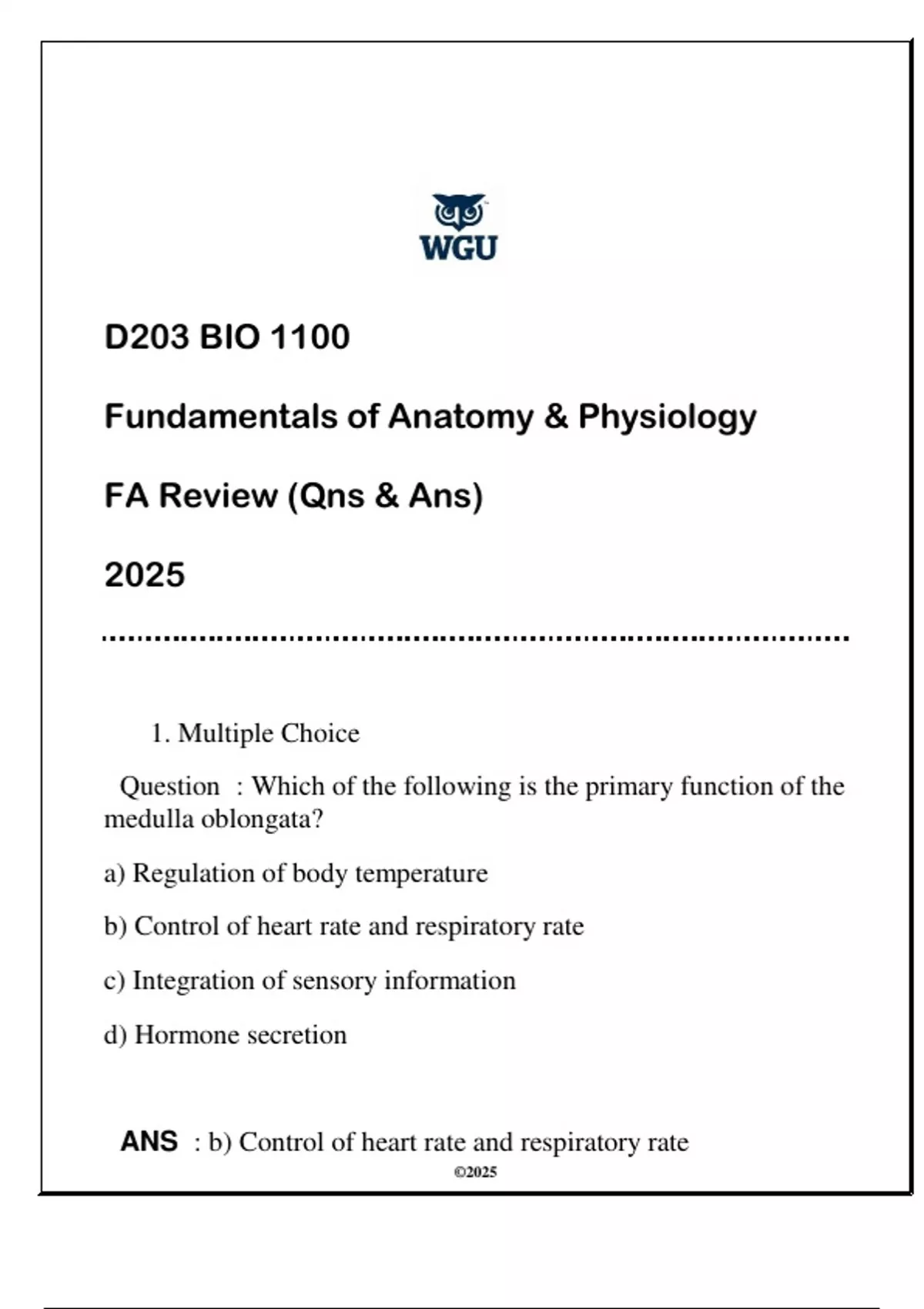 D203 (BIO 1100) Fundamentals of Anatomy & Physiology FA Review 2025 ...