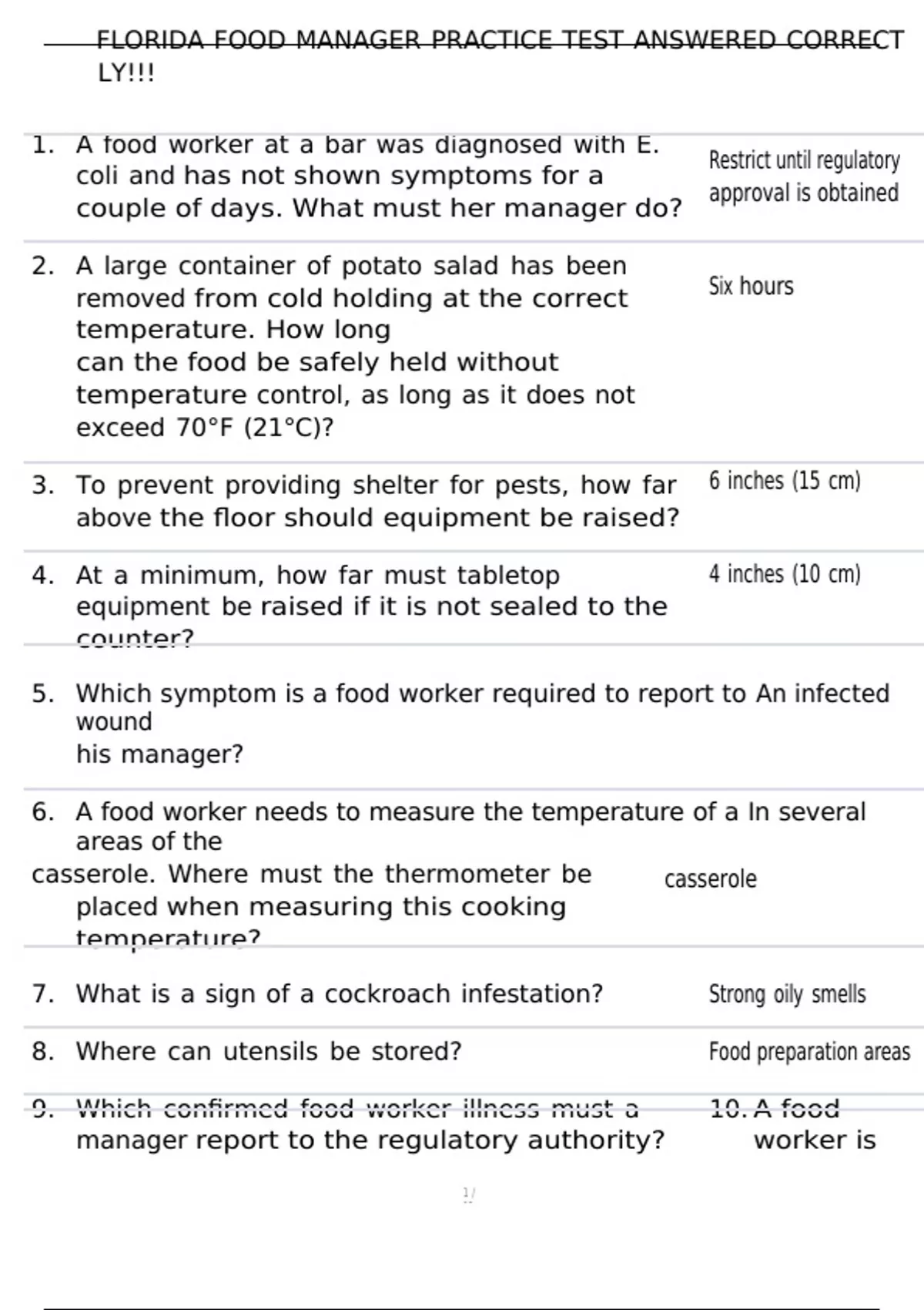 FLORIDA FOOD MANAGER PRACTICE TEST ANSWERED CORRECTLY!!! - FGU - Stuvia US