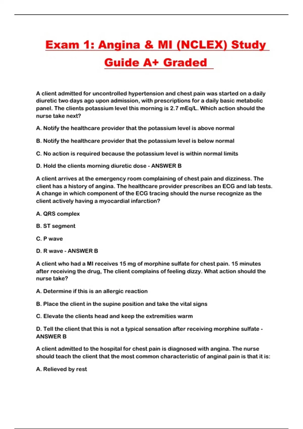 Exam 1: Angina & MI (NCLEX) Study Guide A+ Graded - Angina & MI - Stuvia US