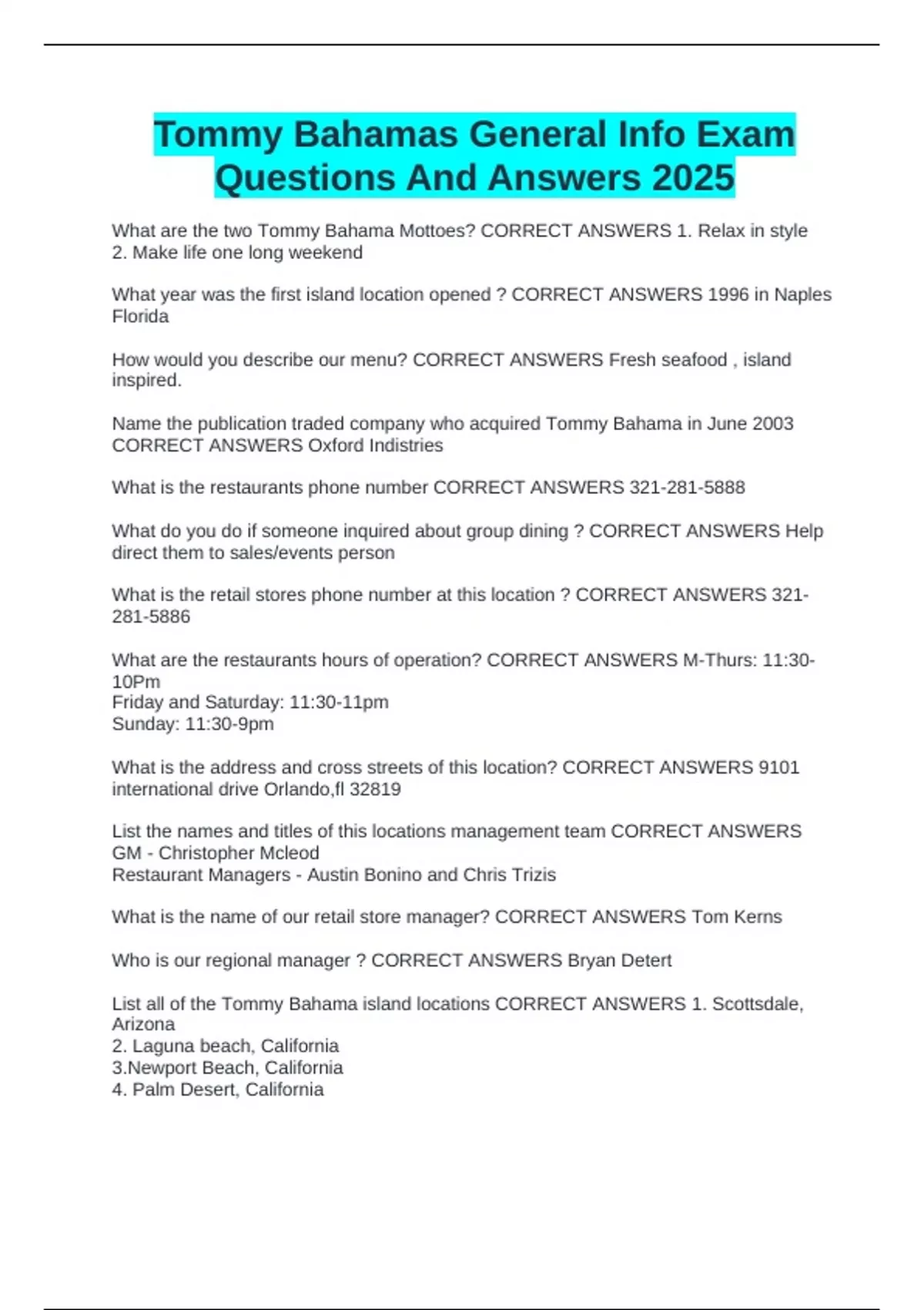 Tommy Bahamas General Info Exam Questions And Answers 2025 - Tommy ...
