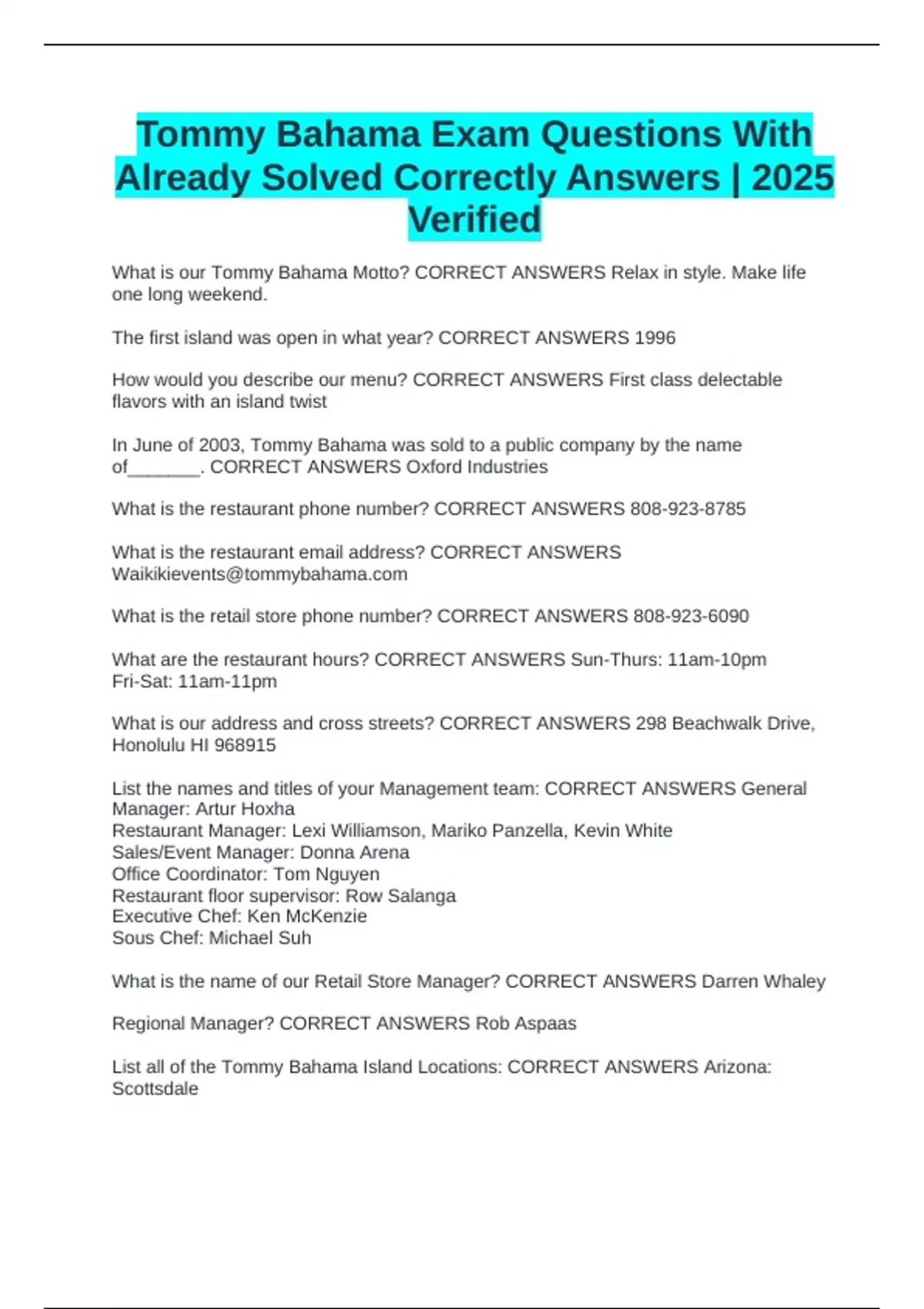 Tommy Bahama Exam Questions With Already Solved Correctly Answers ...