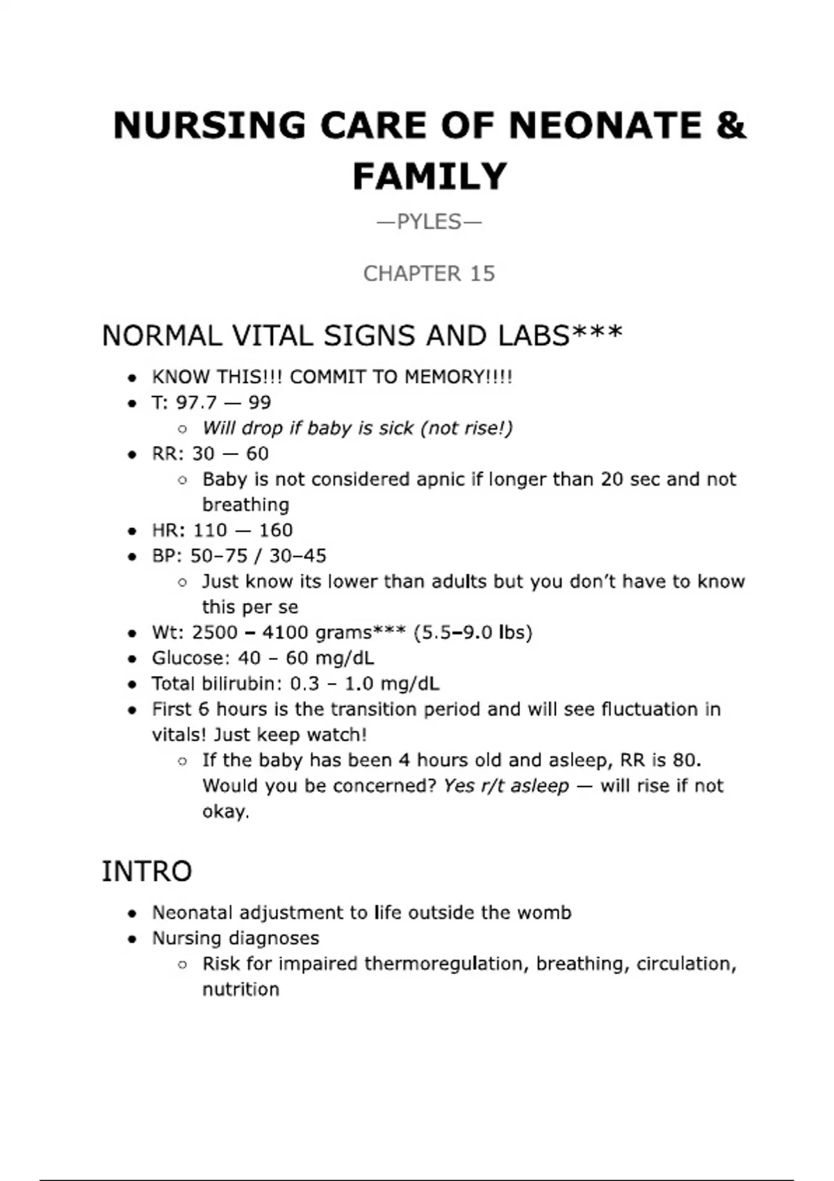 NURSING CARE OF NEONATE & FAMILY PYLES CHAPTER 15. - NURSING. - Stuvia US