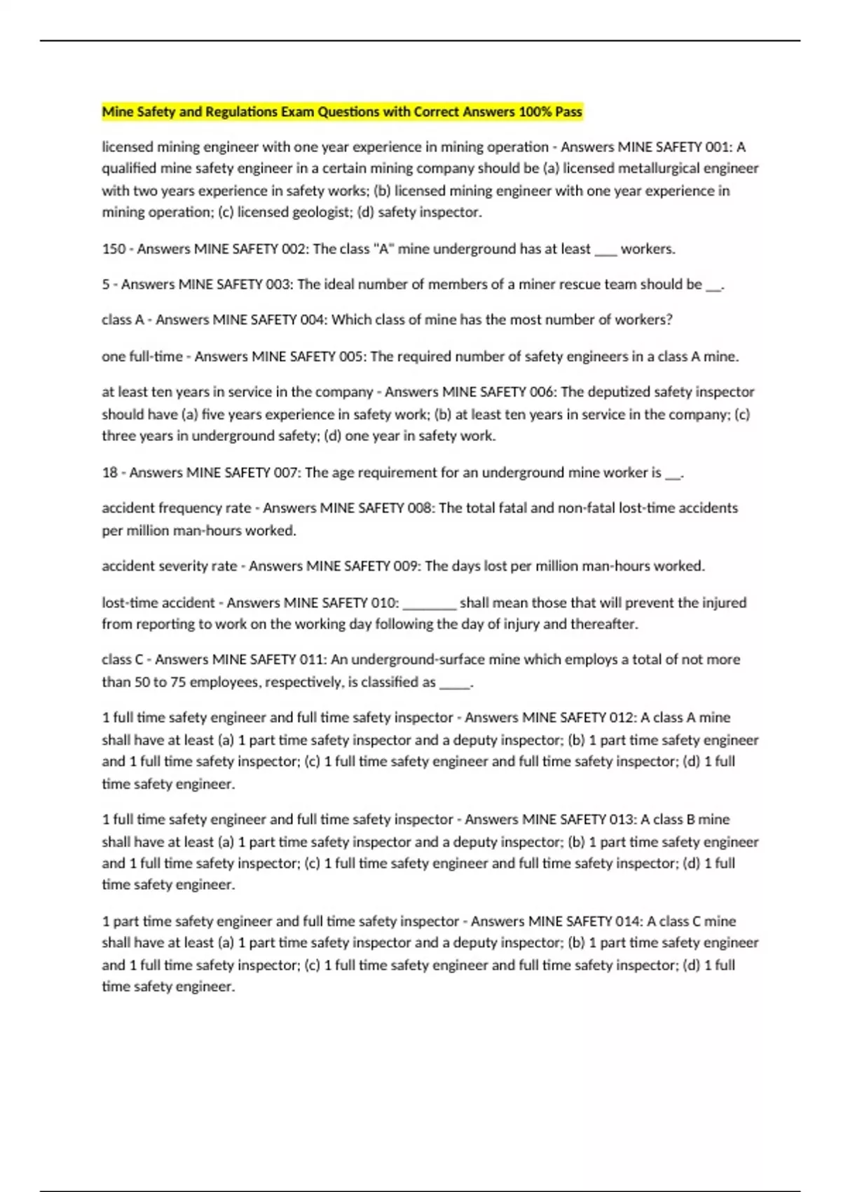 Mine Safety and Regulations Exam Questions with Correct Answers 100% ...