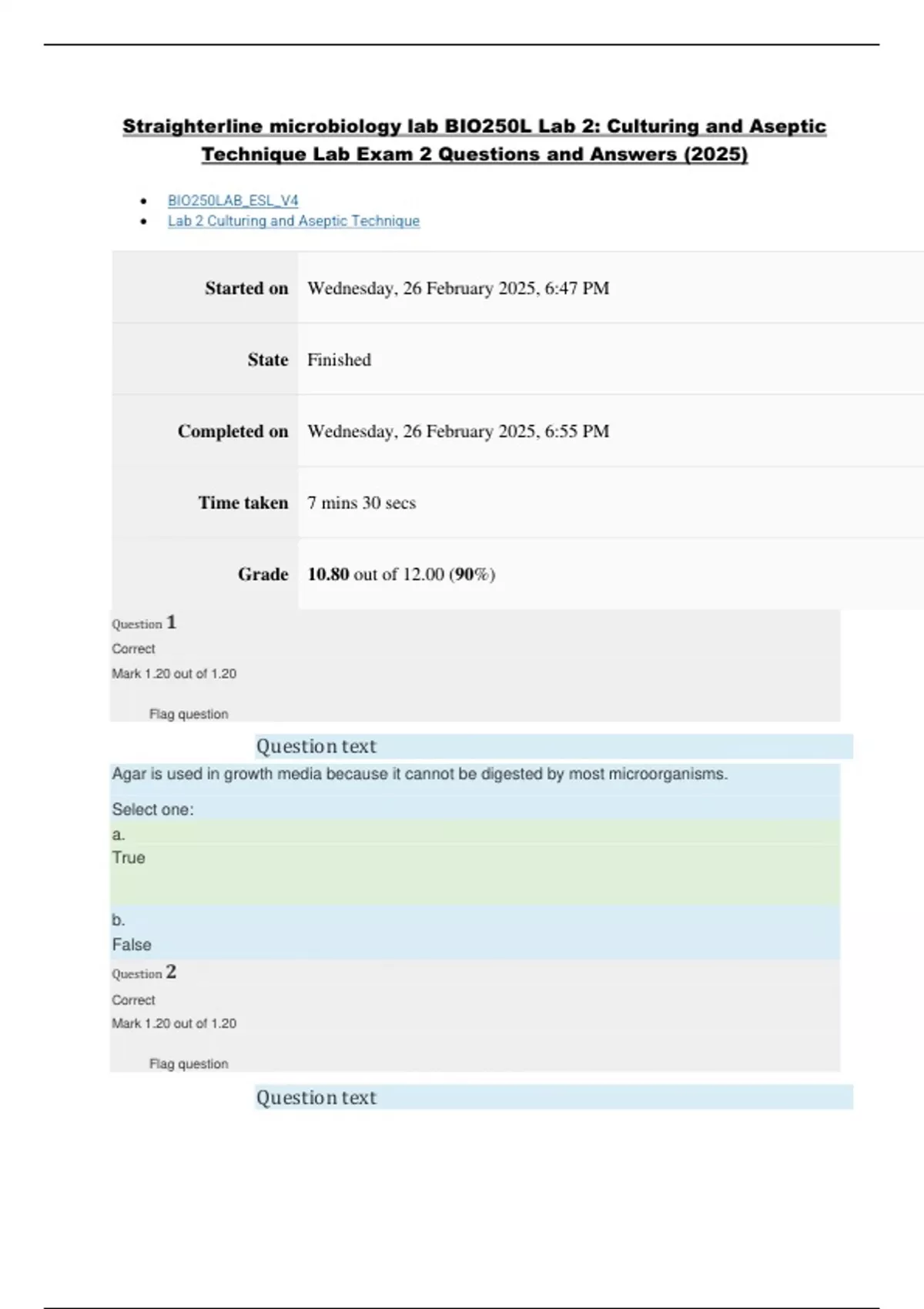 Straighterline microbiology lab BIO250L Lab 2: Culturing and Aseptic ...