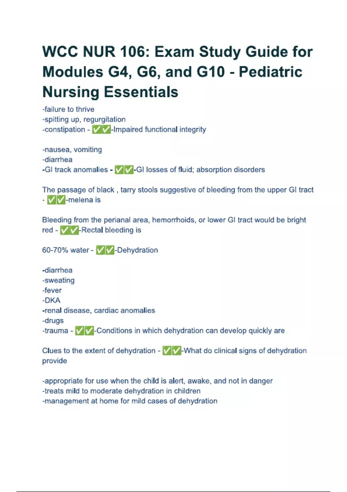 WCC NUR 106_ Exam Study Guide for Modules G4, G6, and G10 - Pediatric ...