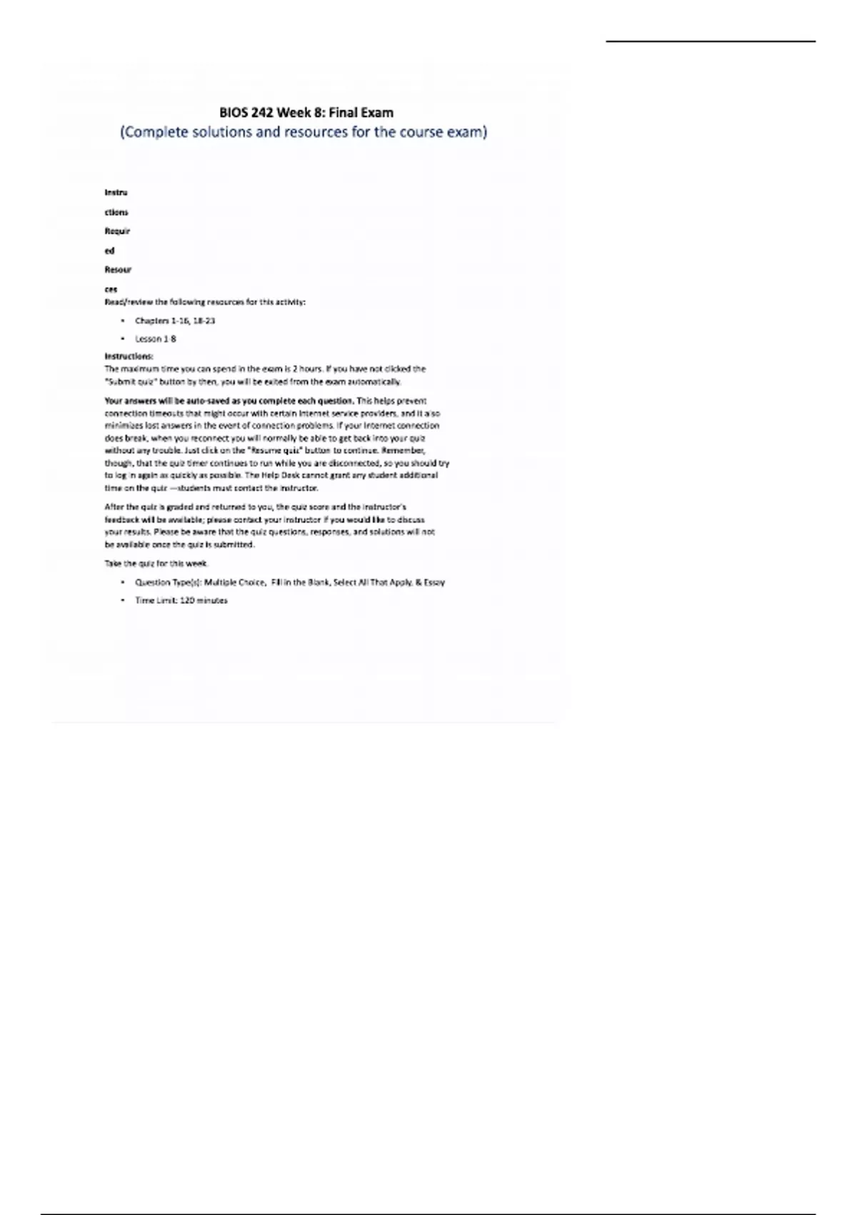 BIOS 242 Week 8 Final Exam (Complete solutions and resources for the ...