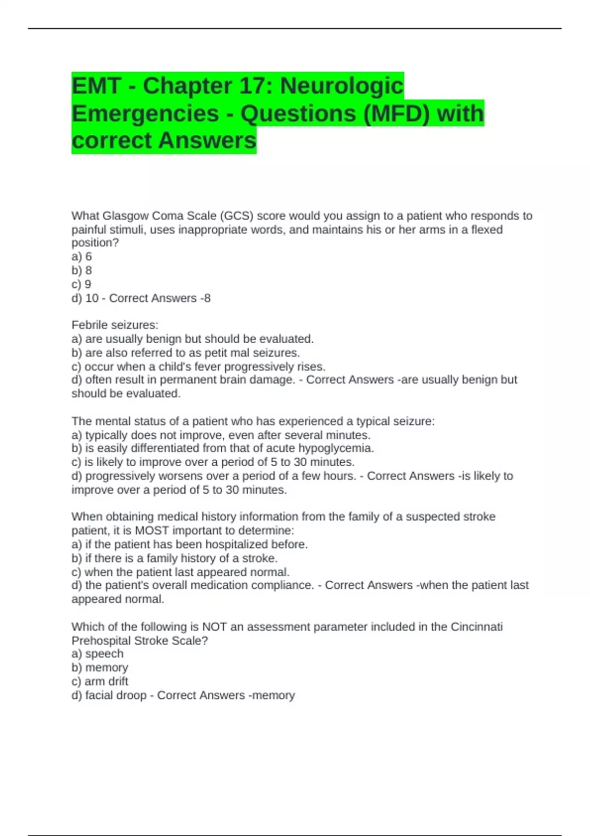 EMT - Chapter 17 Neurologic Emergencies - Questions (MFD) with correct Answers - Neurological ...
