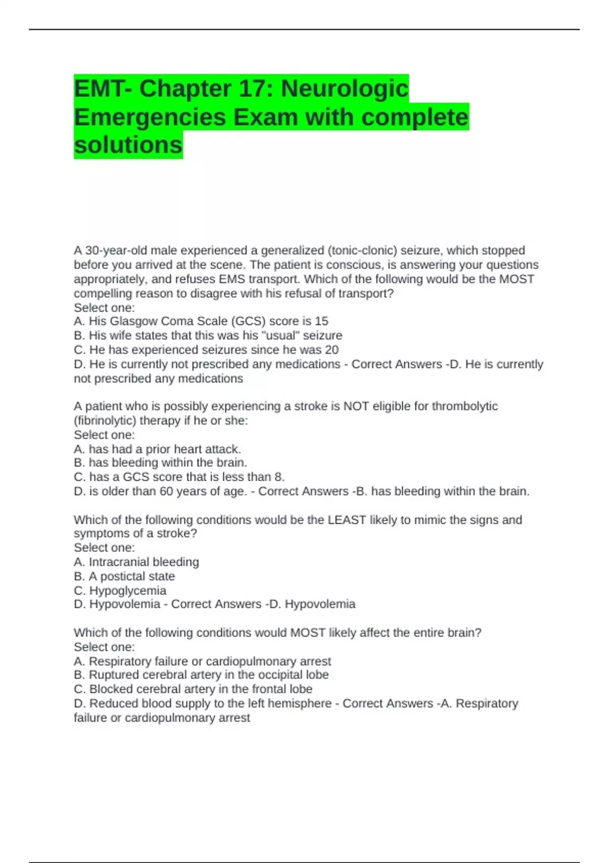 EMT- Chapter 17 Neurologic Emergencies Exam with complete solutions ...