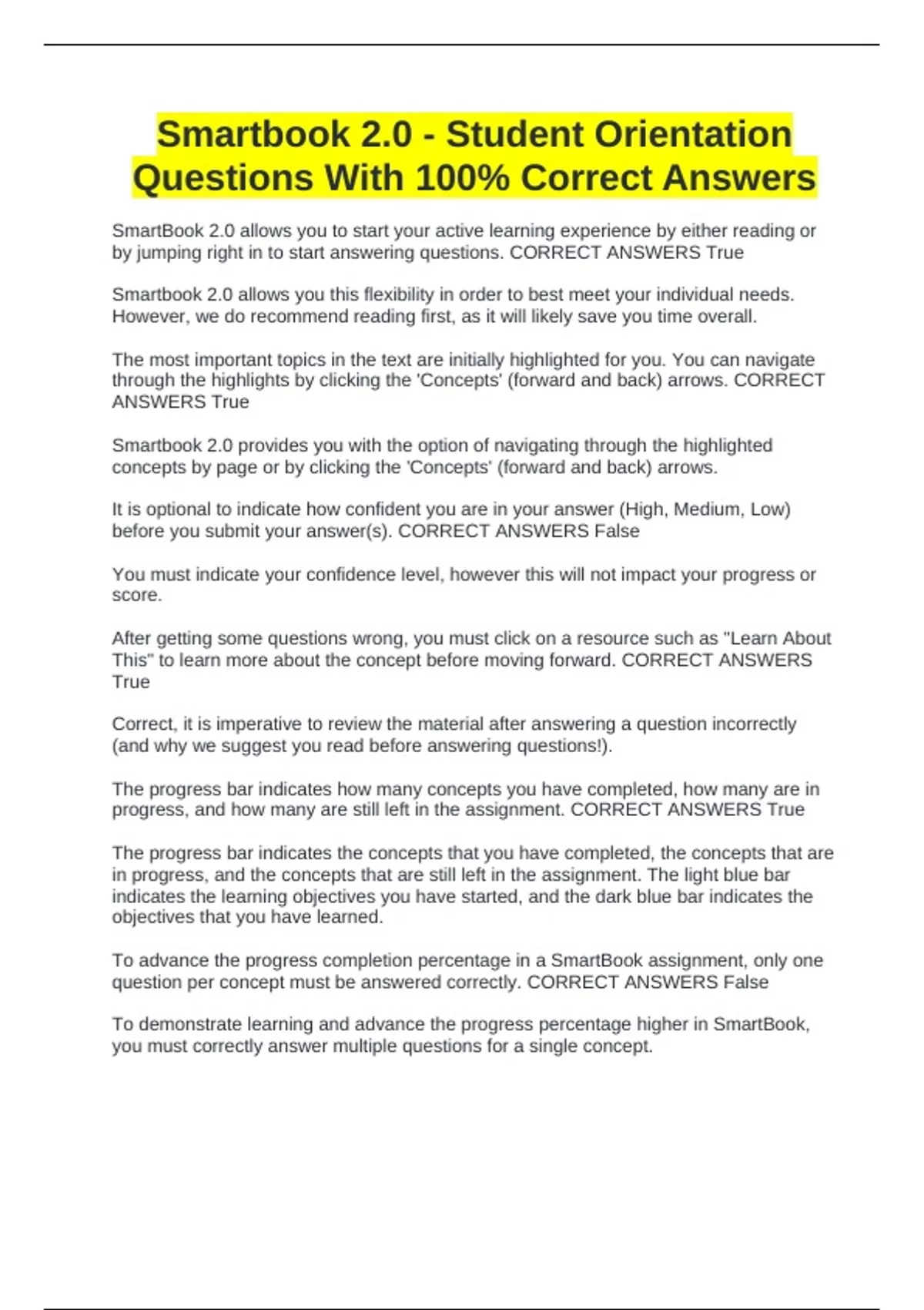 Smartbook 2.0 - Student Orientation Questions With 100% Correct Answers ...