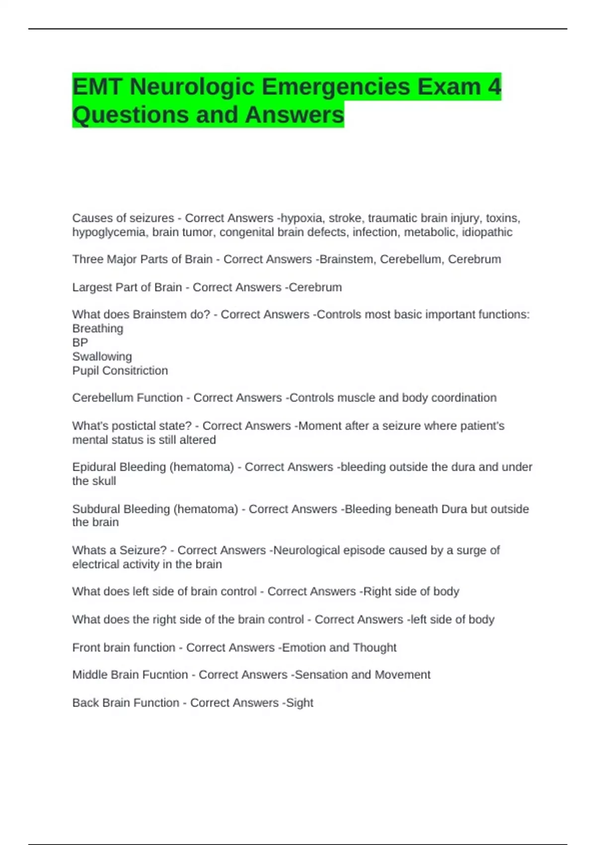 EMT Neurologic Emergencies Exam 4 Questions and Answers - Neurological ...