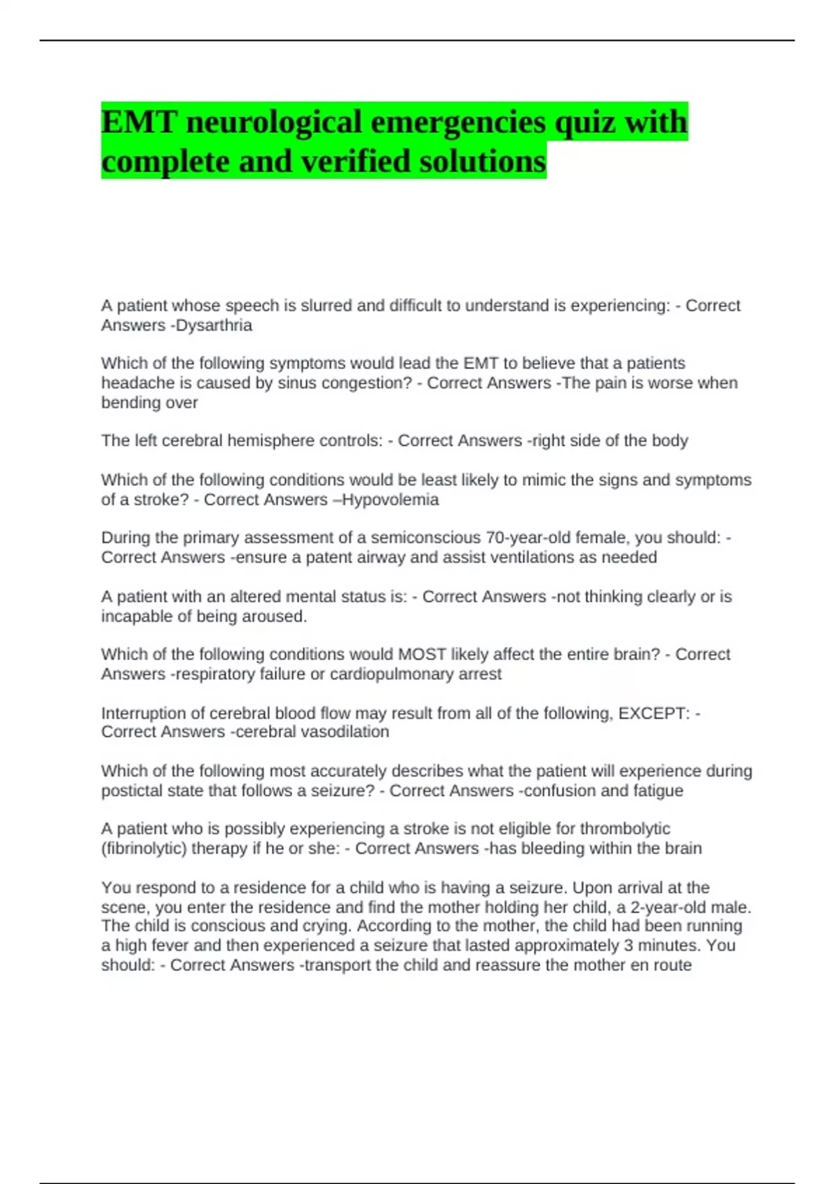 EMT neurological emergencies quiz with complete and verified solutions ...